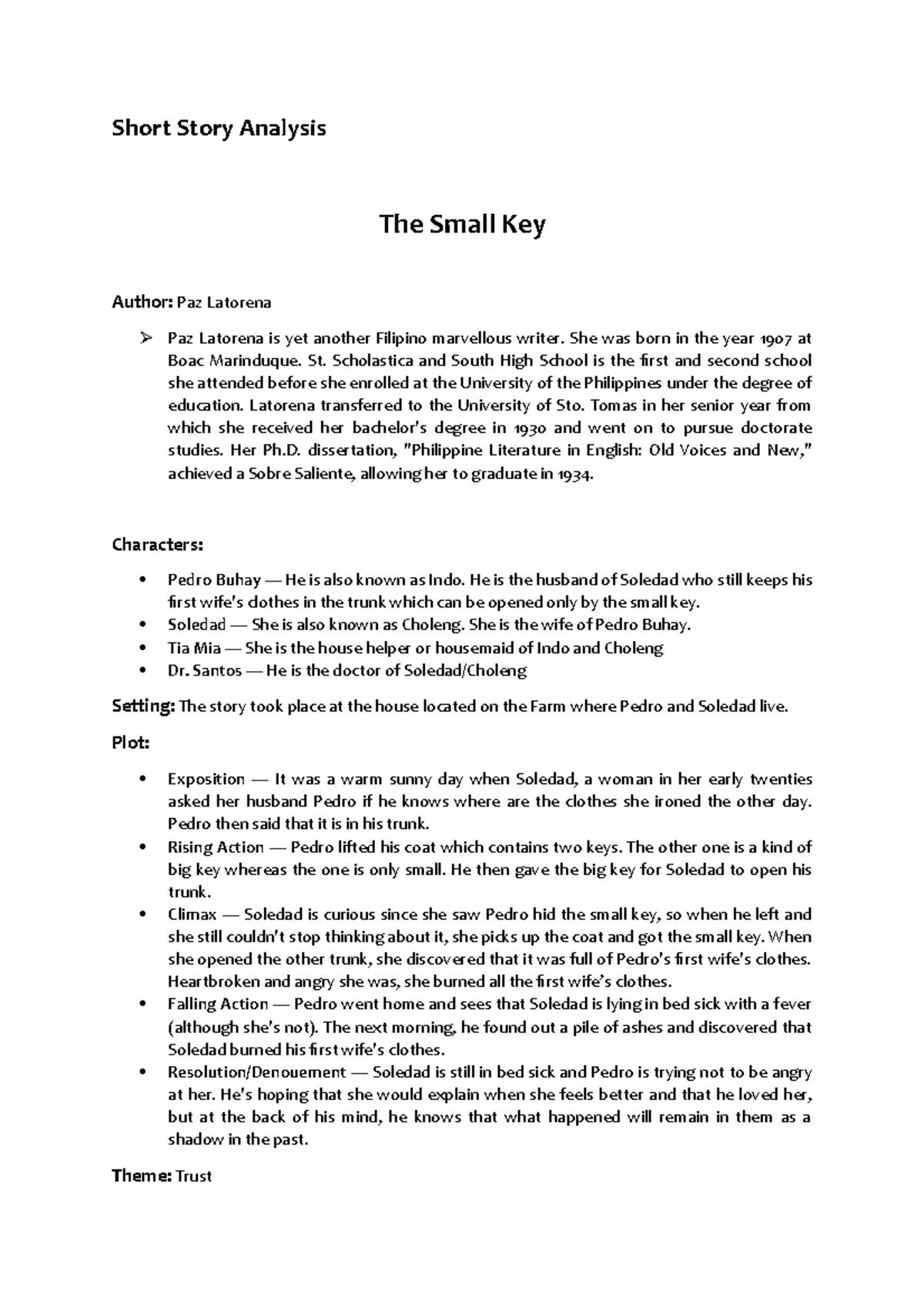 Literary Analysis of The Small Key by Paz Latorena - Short Story ...