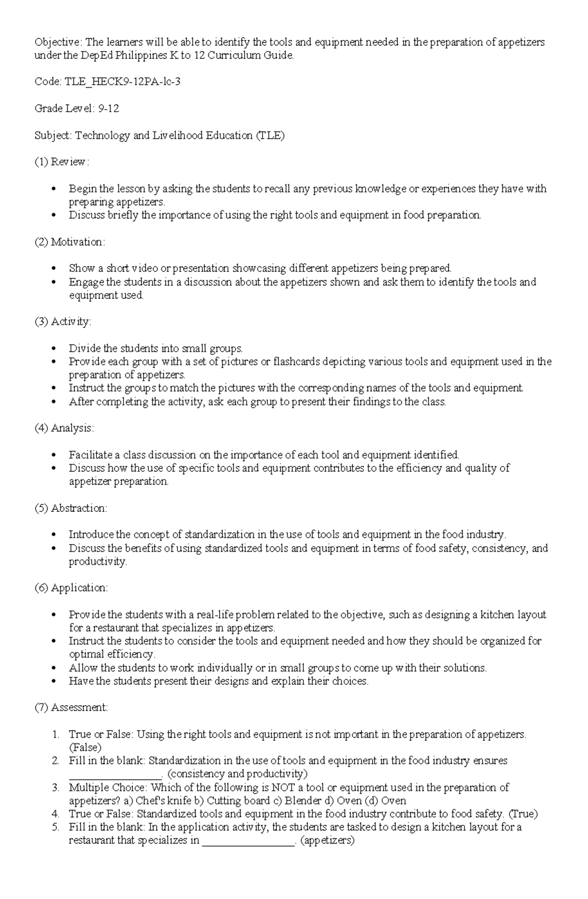 AI LPs - lesson plans - Objective: The learners will be able to identify the tools and equipment ...