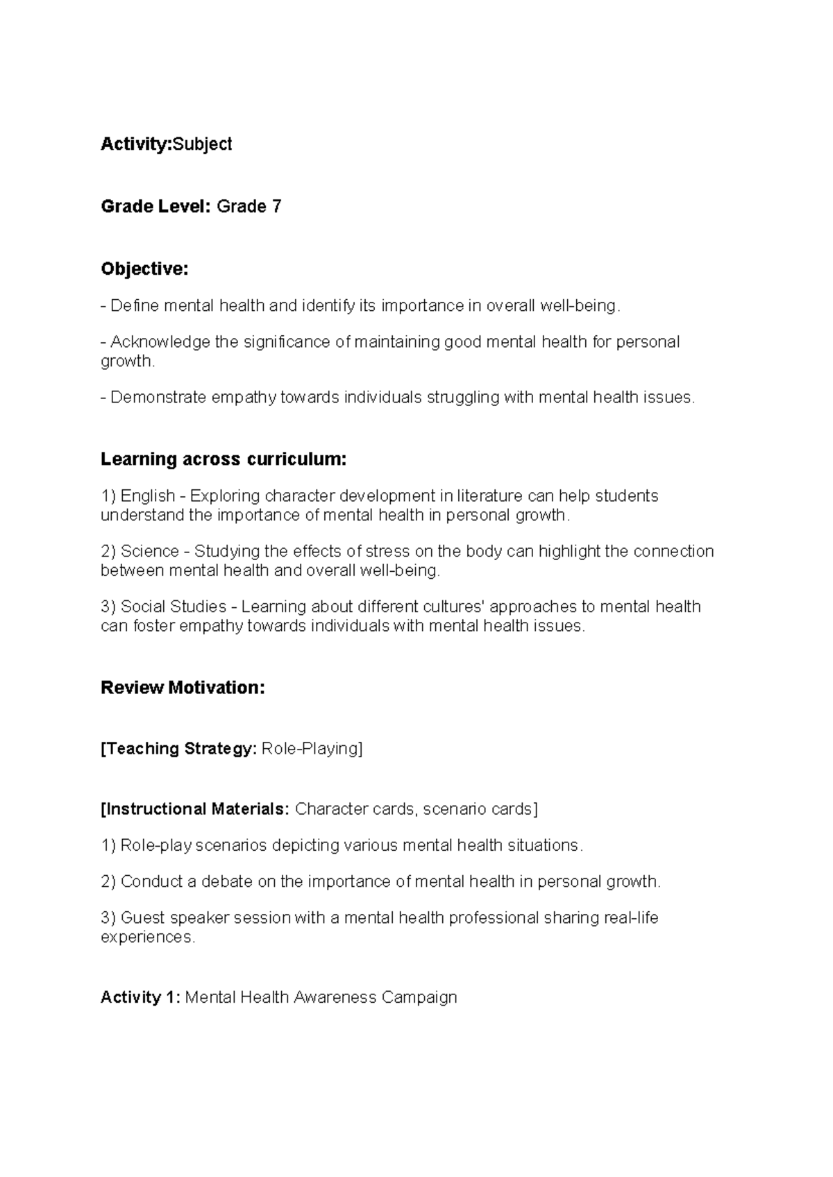 Lesson plan in PE - Activity:Subject Grade Level: Grade 7 Objective ...