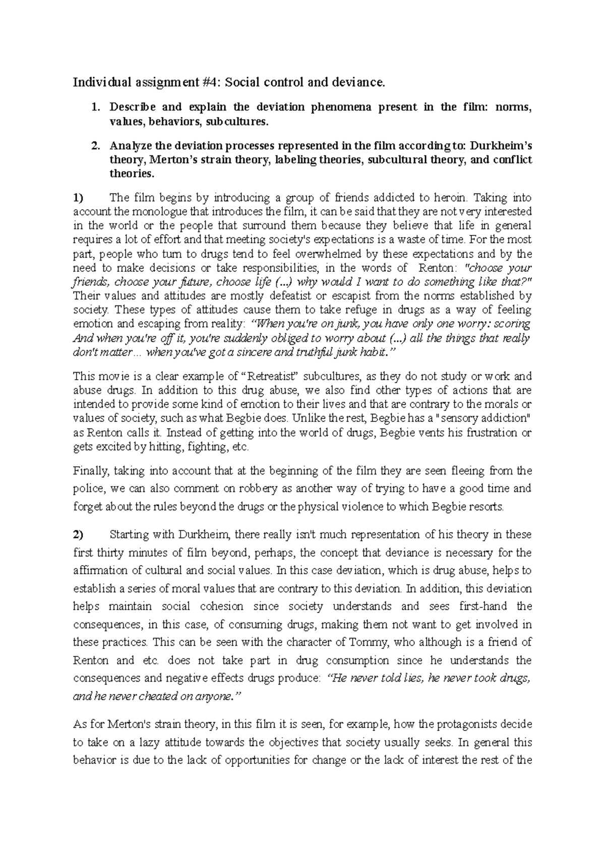 Individual assignment #4 Social control and deviance - Individual ...