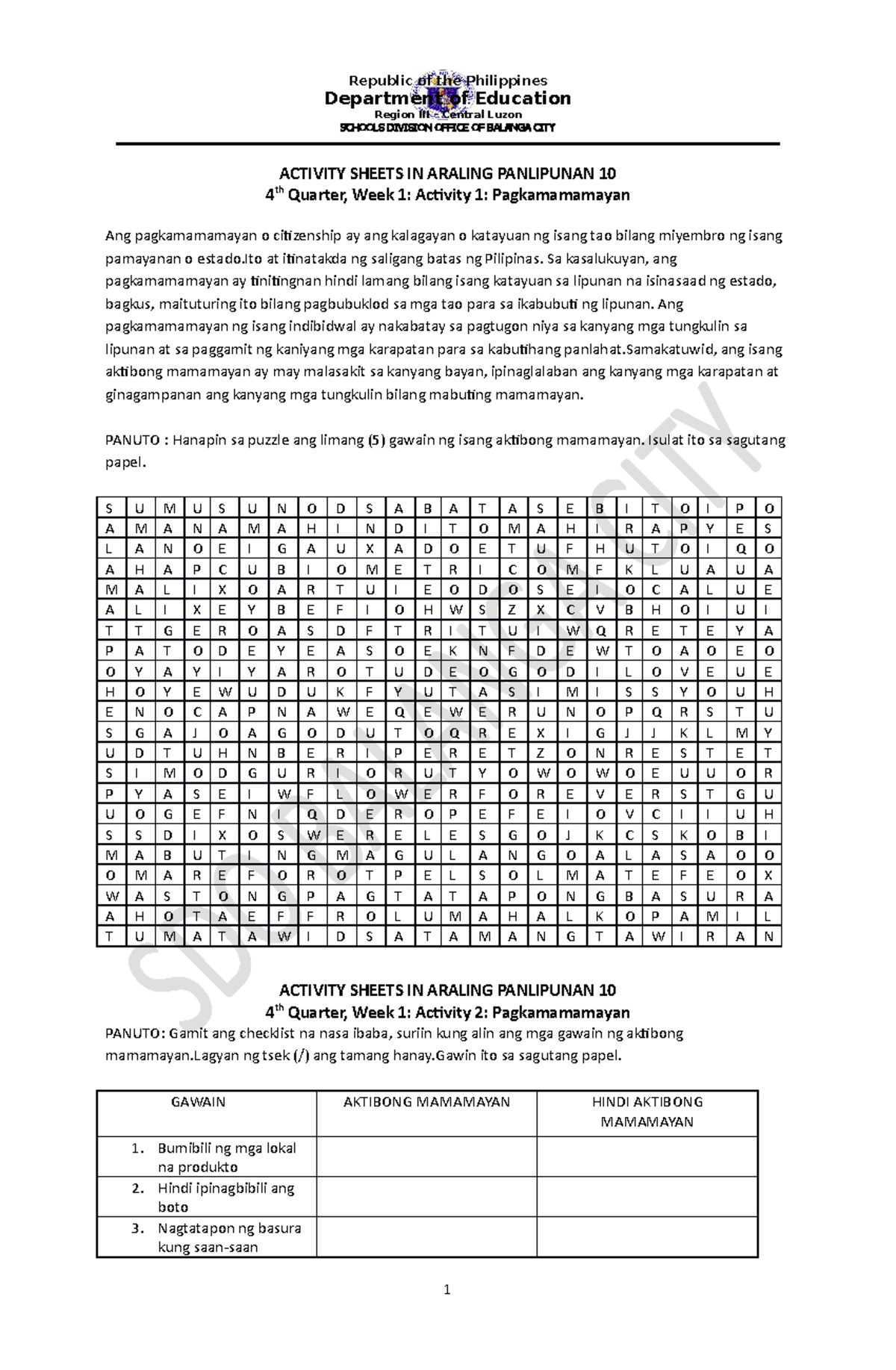 AP10 4th Quarter Activity Sheets BNHS JHS - Republic of the Philippines ...