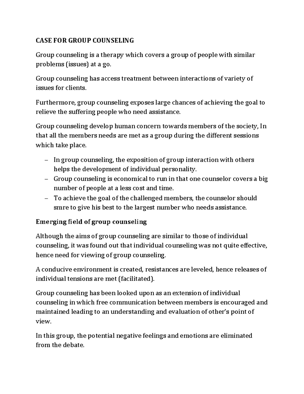 Case for group counseling - CASE FOR GROUP COUNSELING Group counseling ...