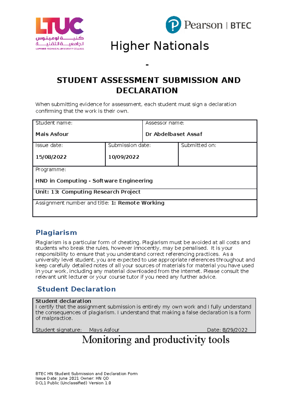 Student Assessment Submission and Declaration - STUDENT ASSESSMENT ...
