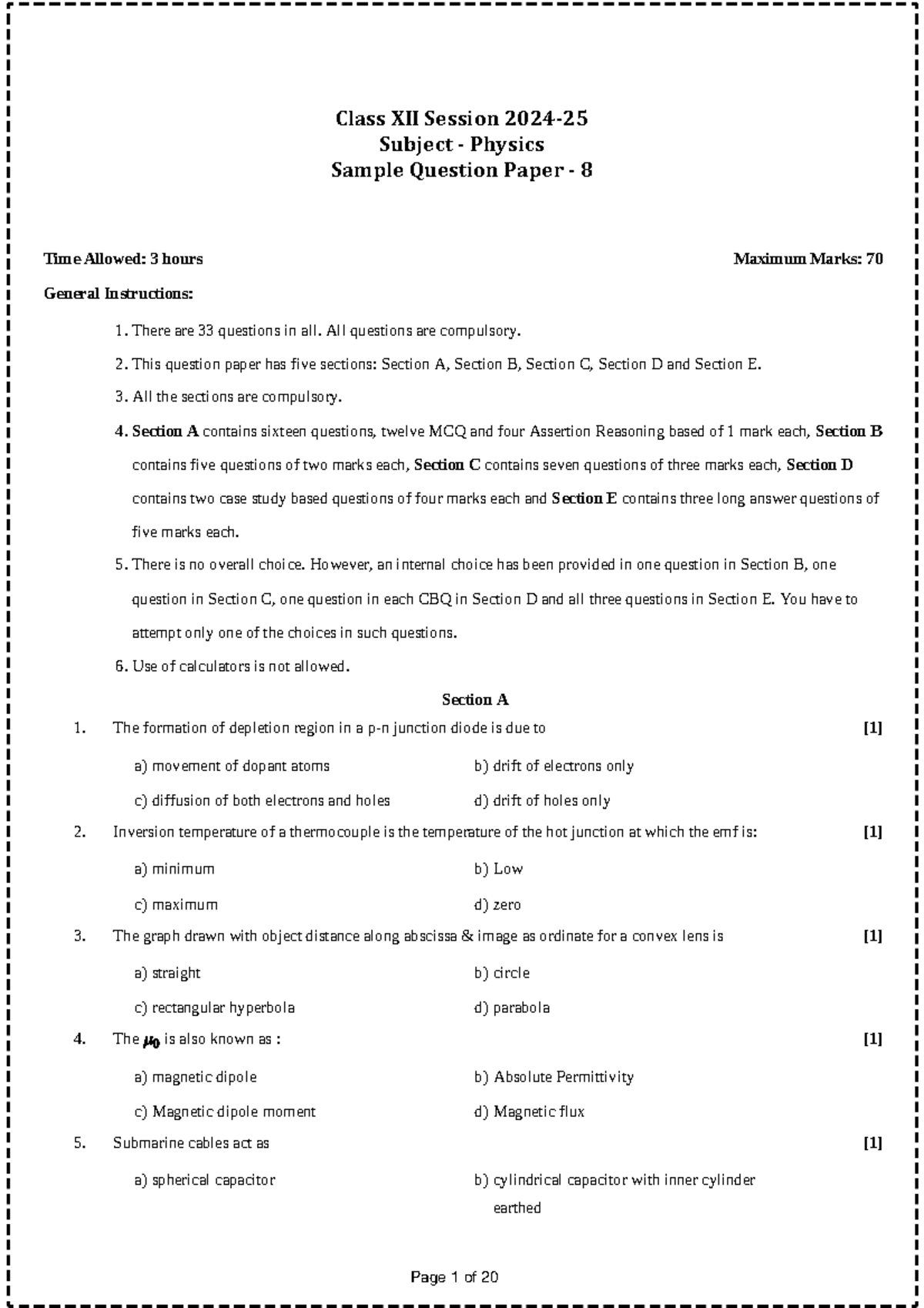 Sample Paper Physics Class 12 Set 8 - Time Allowed: 3 hours Maximum Marks: 70 General ...