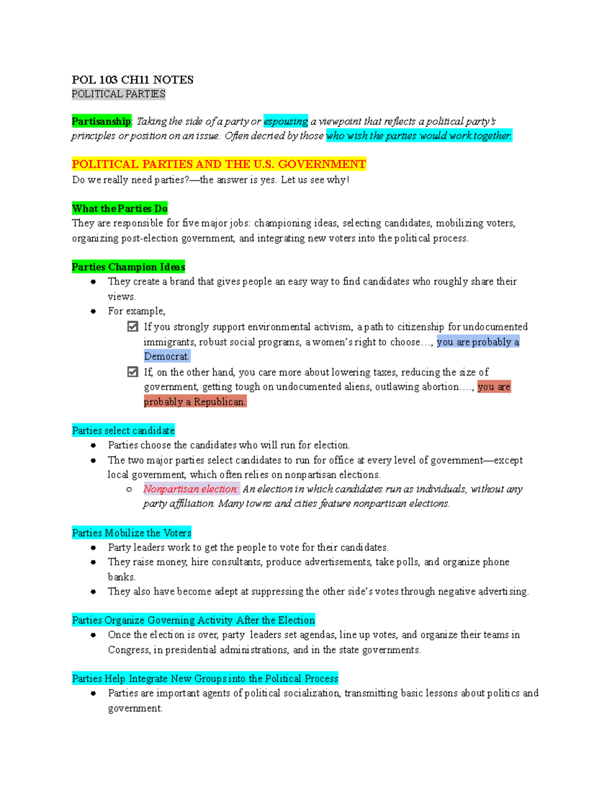 POL 103 CHP11 Notes - POL 103 CH11 NOTES POLITICAL PARTIES Partisanship ...