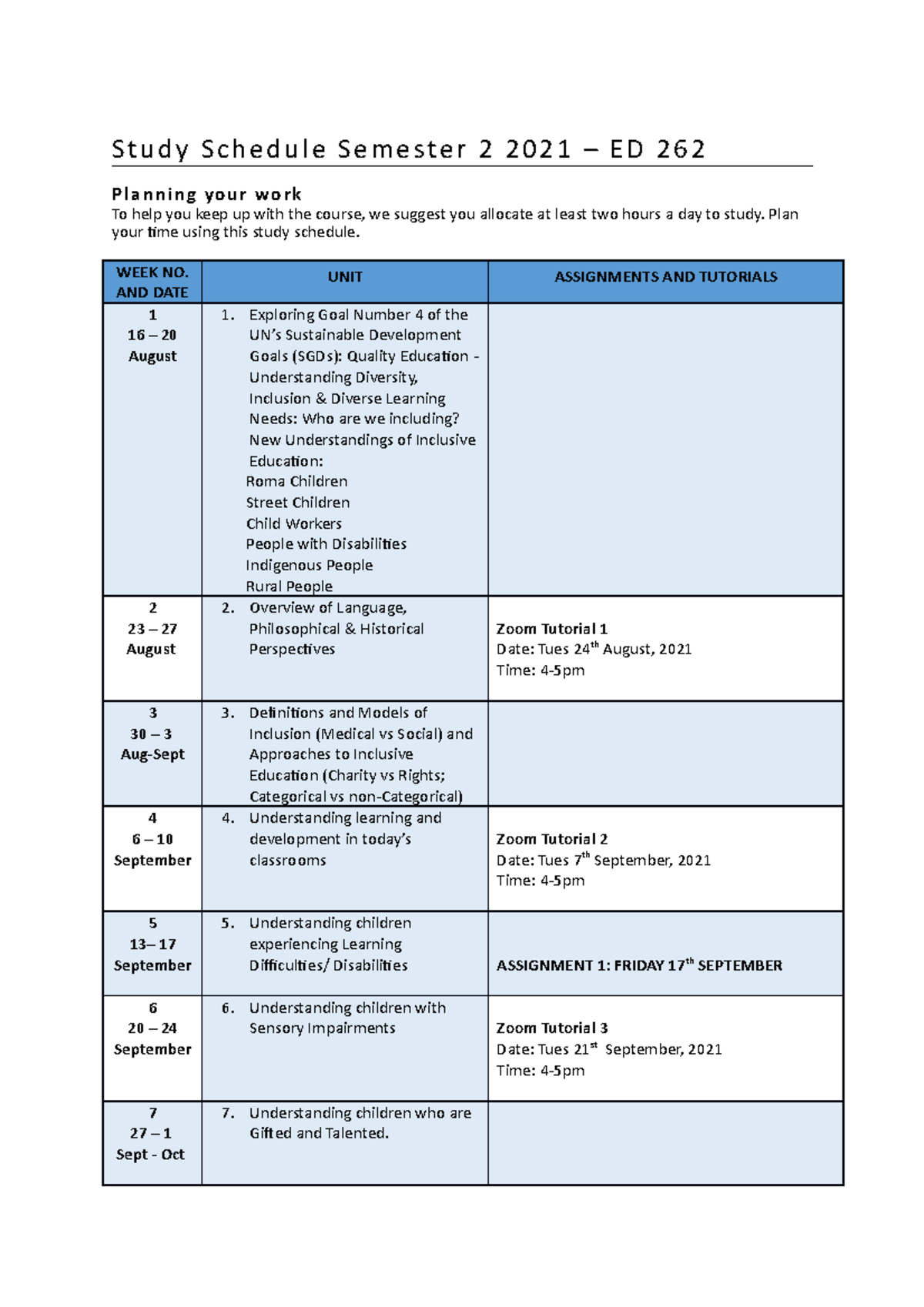 ED 262 Study Schedule Revised Semester 2 2021 - Study Schedule Semester ...