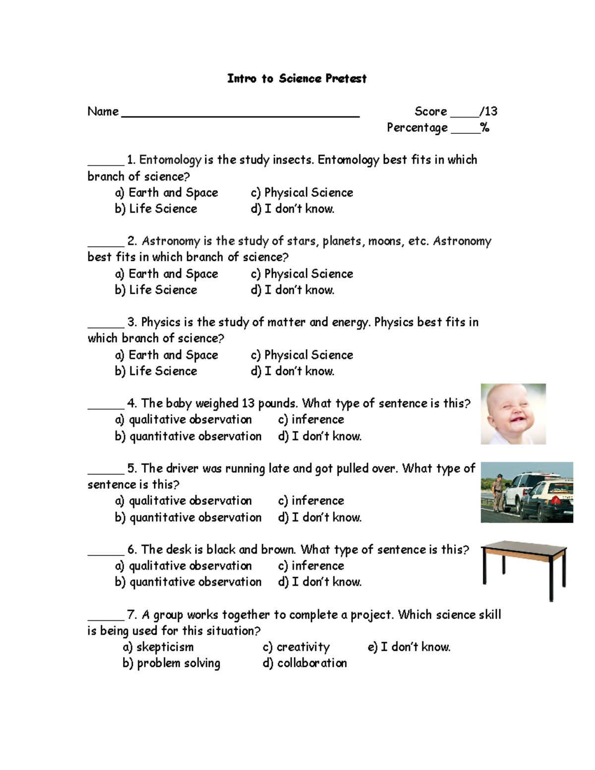 Introto Science Pretests-1 - Intro to Science Pretest Name Score ...