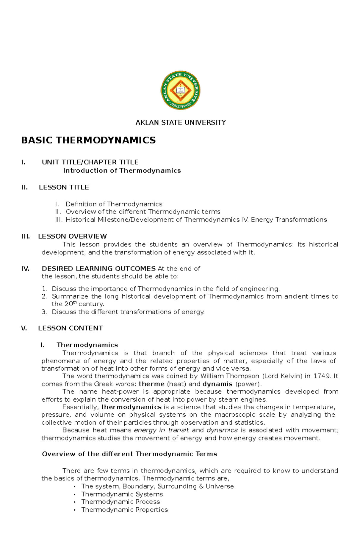 Basic Thermodynamics- Introduction of Thermodynamics - AKLAN STATE ...