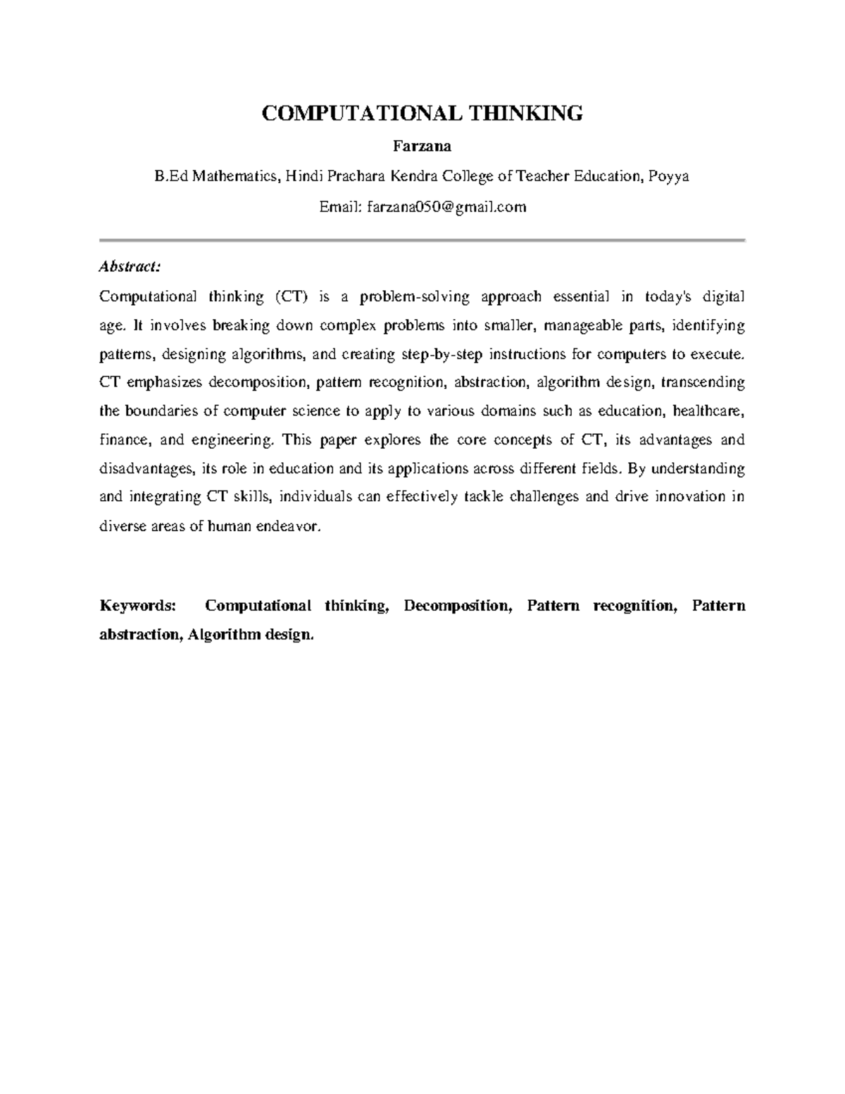 Computational Thinking - COMPUTATIONAL THINKING Farzana B Mathematics, Hindi Prachara Kendra ...