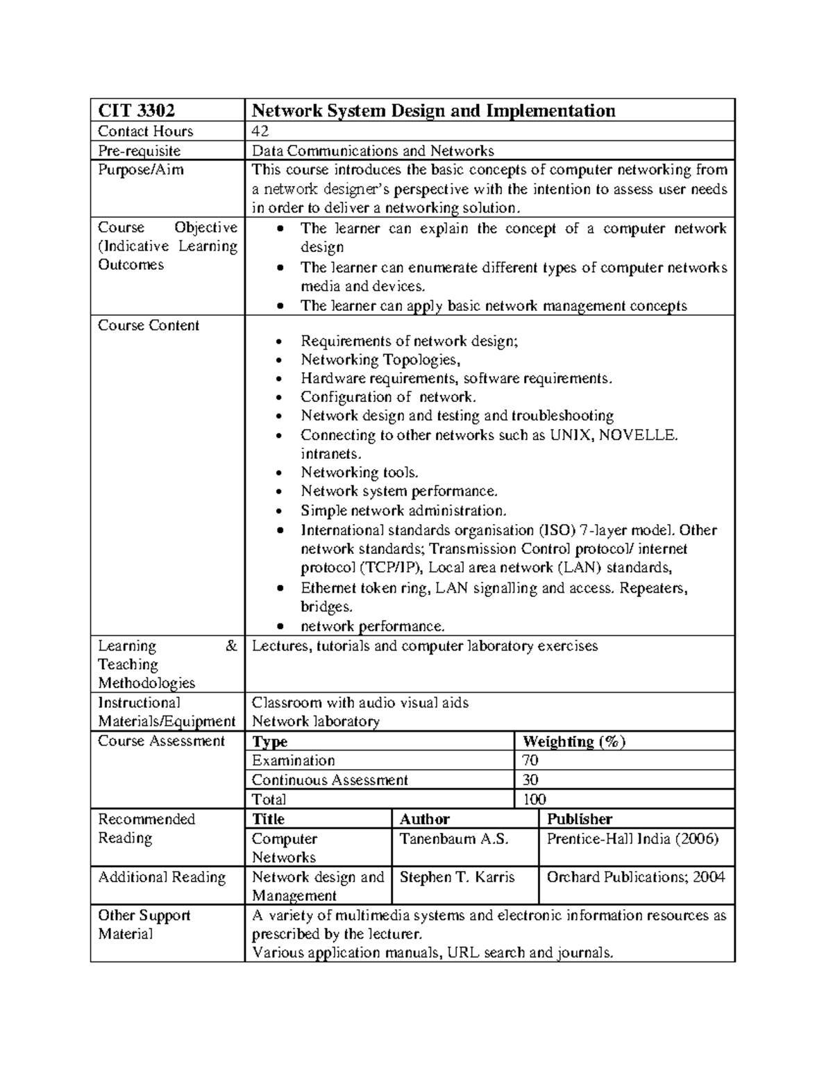CIT 3302 Network System Design and Implementation Course Outline - CIT ...