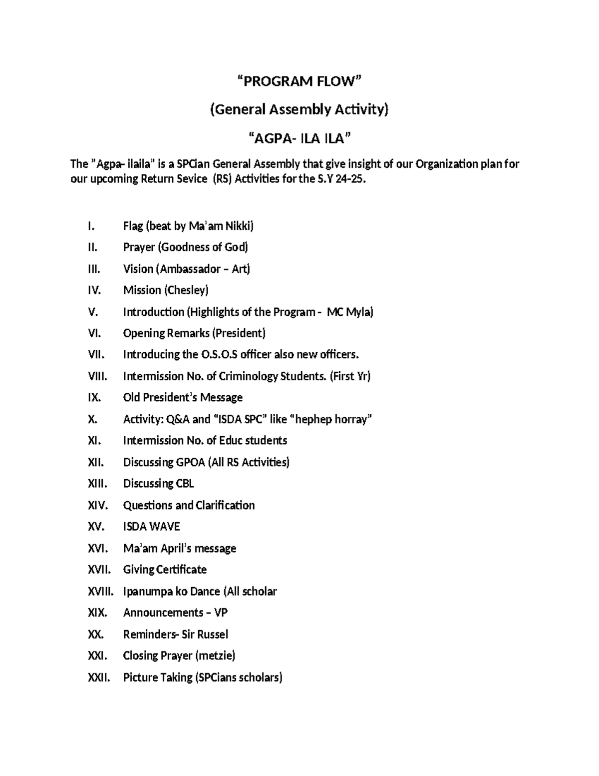 Program FLOW - “PROGRAM FLOW” (General Assembly Activity) “AGPA- ILA ...