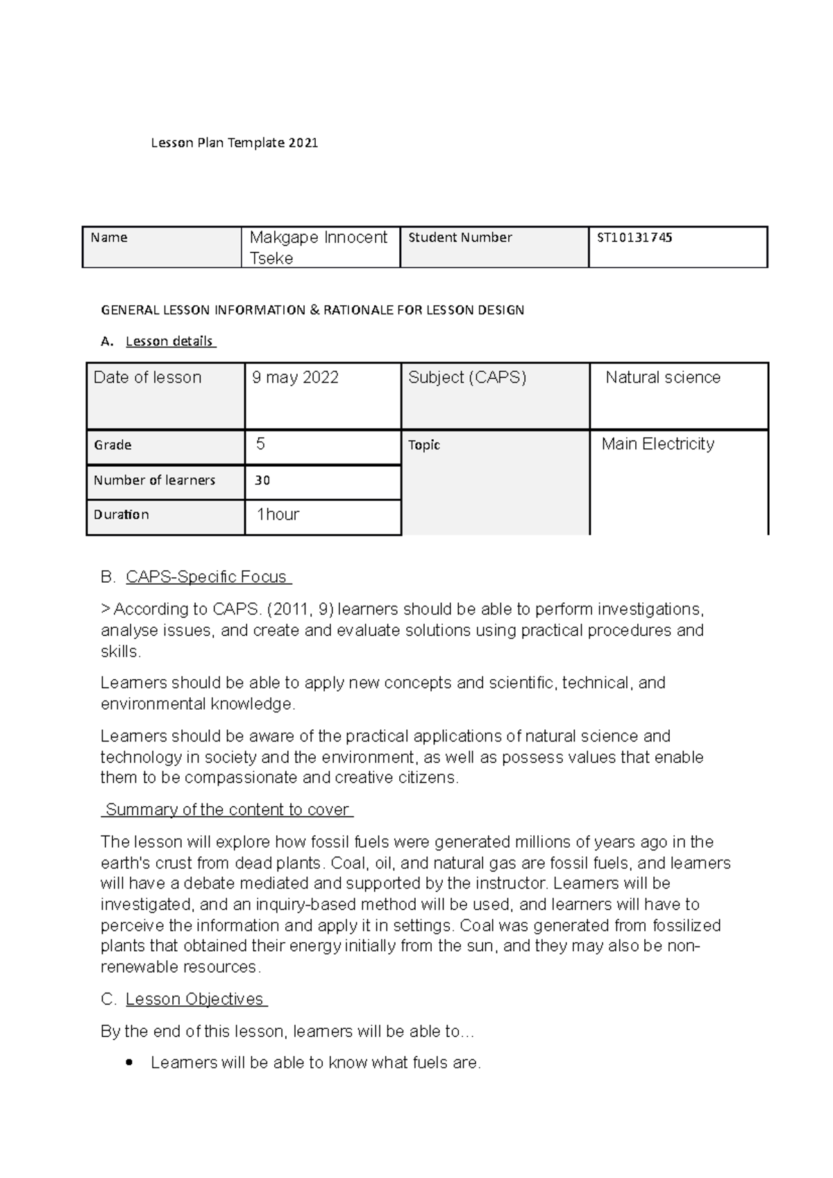 Lesson plan TNST - Lesson Plan Template 2021 Name Makgape Innocent ...