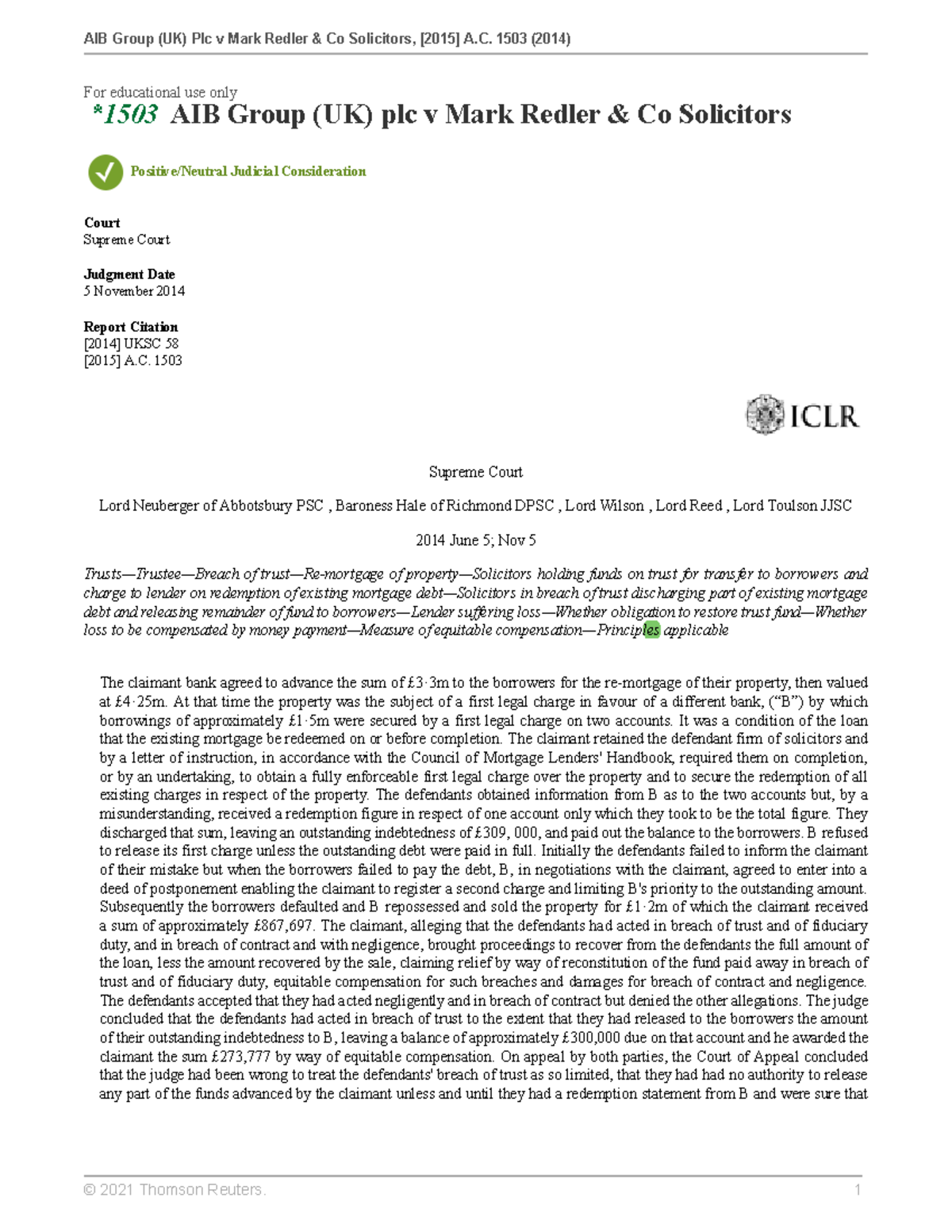 AIB Group (UK) Plc v Mark Redler And Co Solicitors - For educational ...
