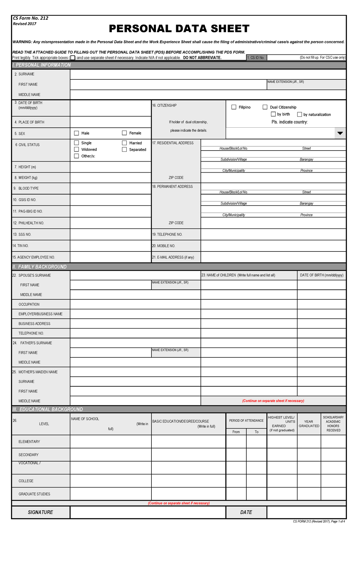 CS Form No. 212 Revised 2017 Personal Data Sheet - Print legibly. Tick ...