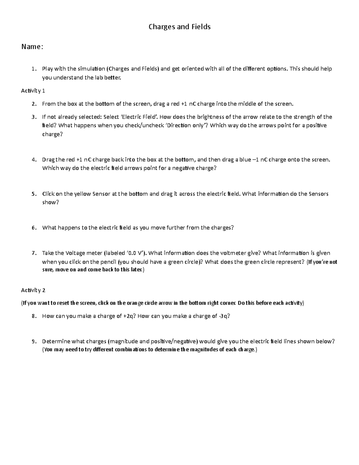 Charges and Fields Lab-1 - Charges and Fields Name: Play with the ...