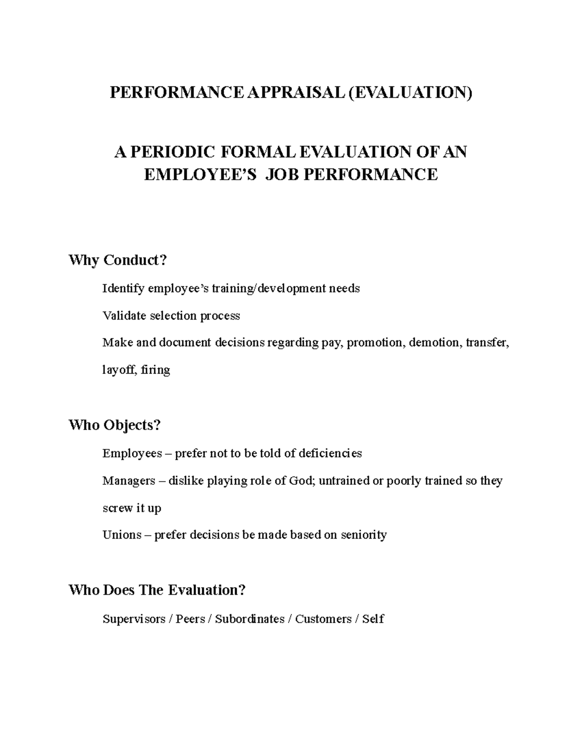 Performance Evaluation - PERFORMANCE APPRAISAL (EVALUATION) A PERIODIC ...