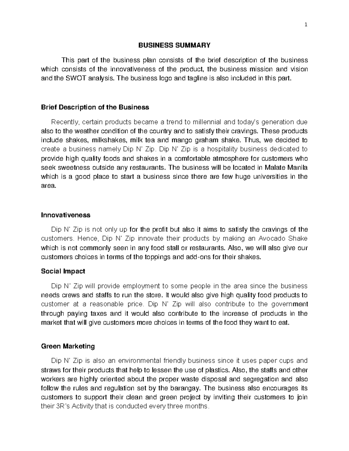 Business Summary - Entrepreneurship - BUSINESS SUMMARY This part of the ...