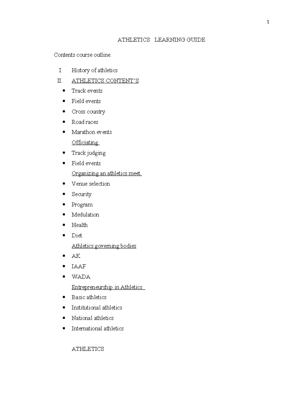 0. Athletics Learning Guide - ATHLETICS LEARNING GUIDE Contents course ...