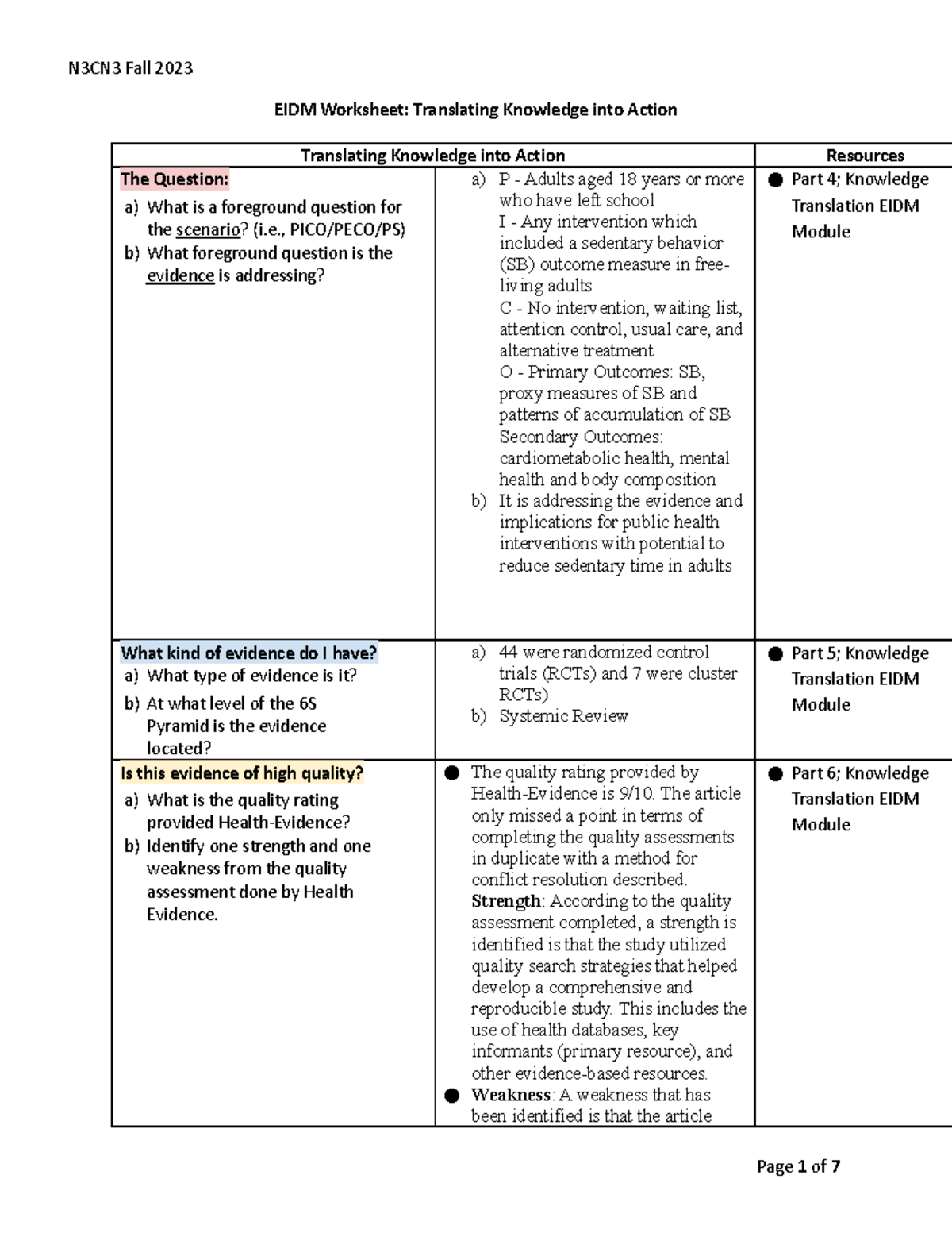 EIDM Worksheet Translating Knowledge into Action - EIDM Worksheet: Translating Knowledge into ...