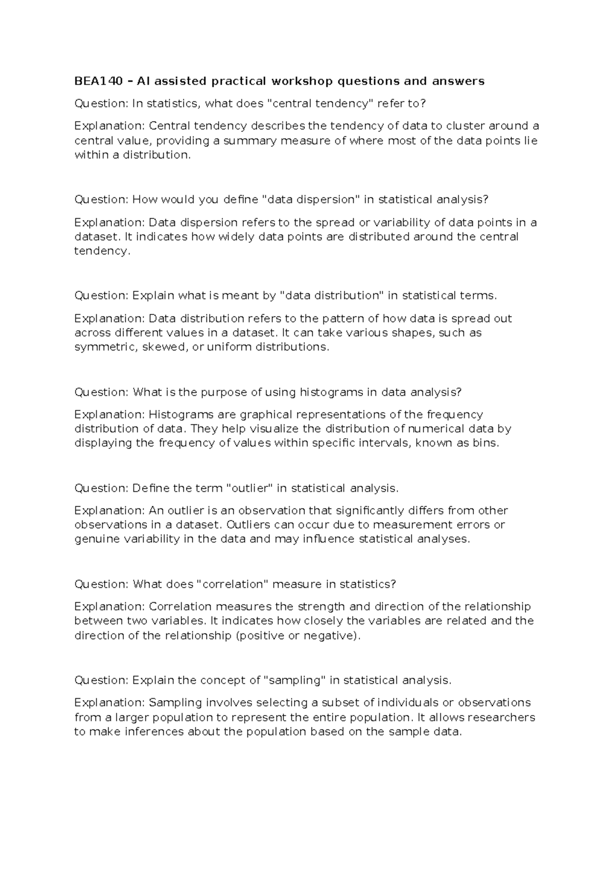 BEA140 - Practice Questions 3 - BEA140 – AI assisted practical workshop questions and answers ...