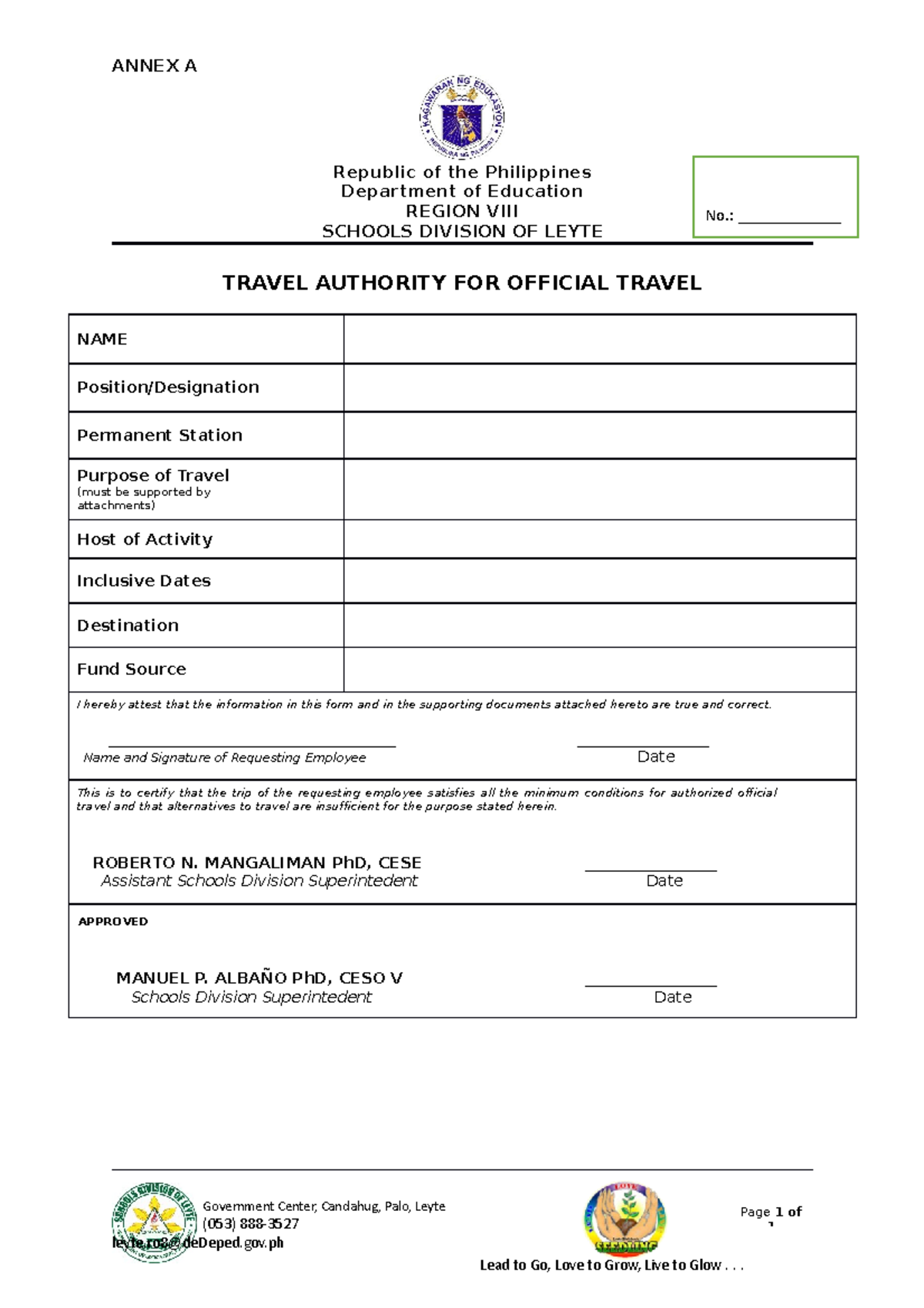 NEW Travel Order updated 2022 - ANNEX A Republic of the Philippines ...