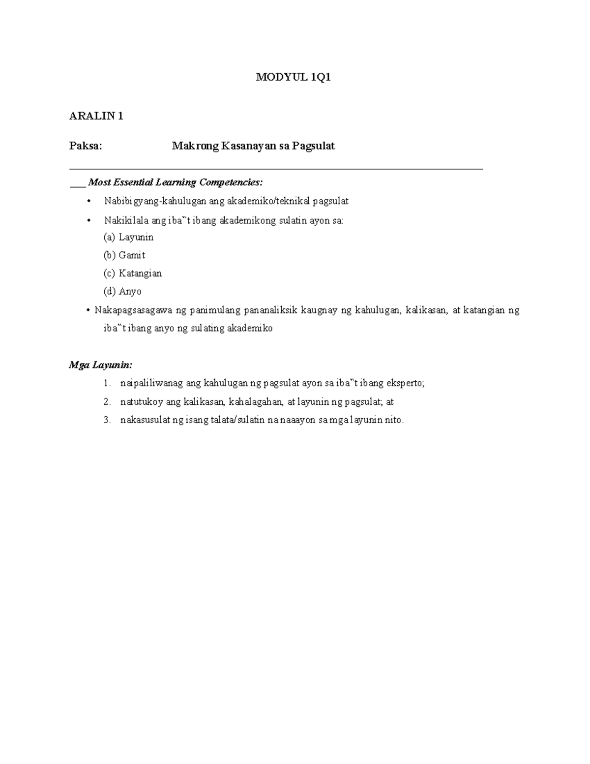Modyul 1Q1 - week 1, module 1 - MODYUL 1Q ARALIN 1 Paksa: - Studocu