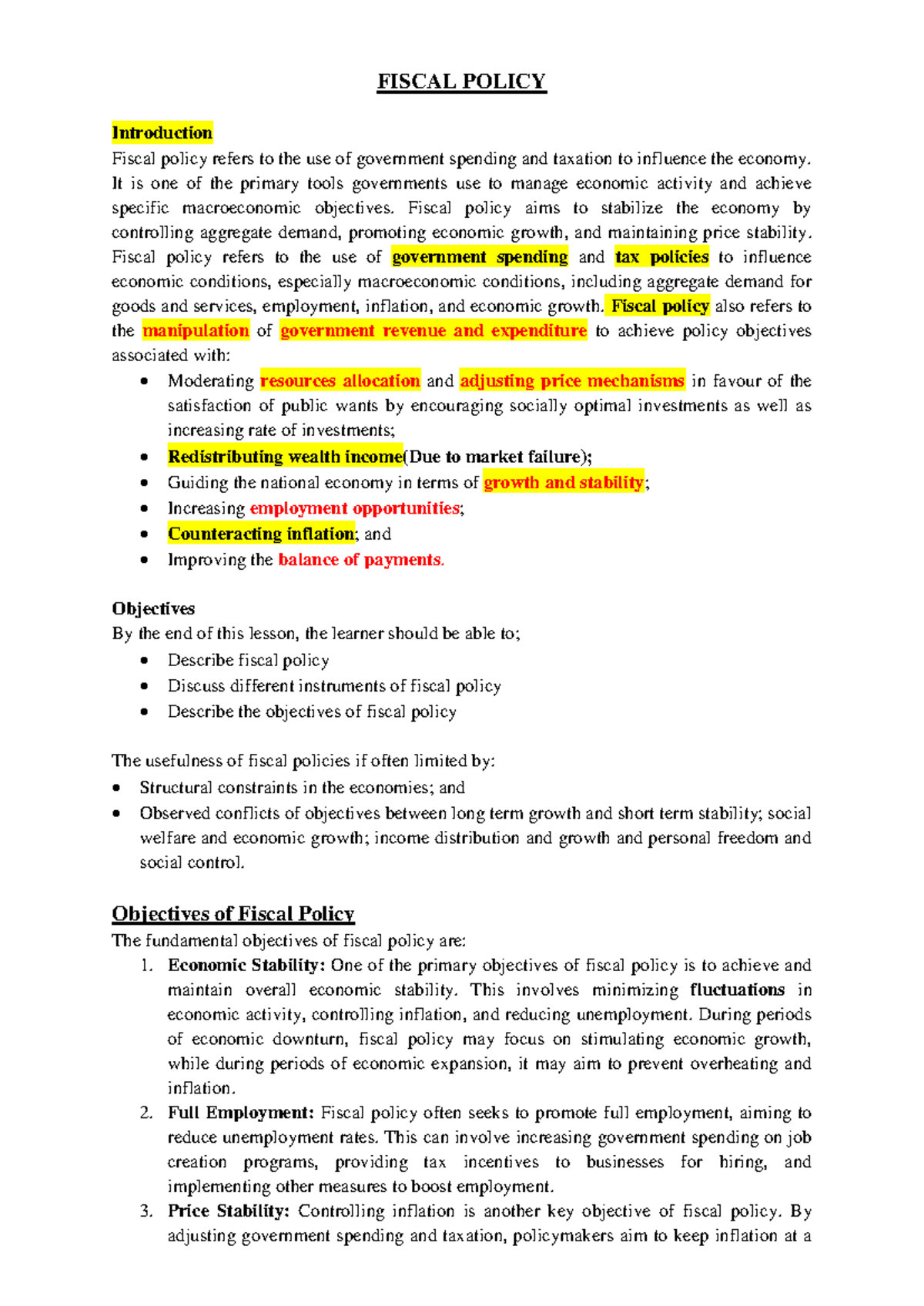 Topic 6 6 Fiscal Policy - notes - FISCAL POLICY Introduction Fiscal ...