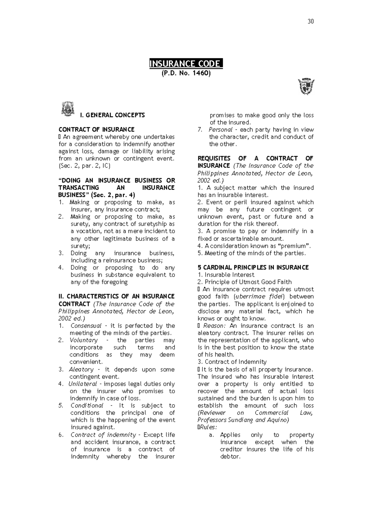 Insurance LAW OF THE Philippines INSURANCE CODE P No 1460 I