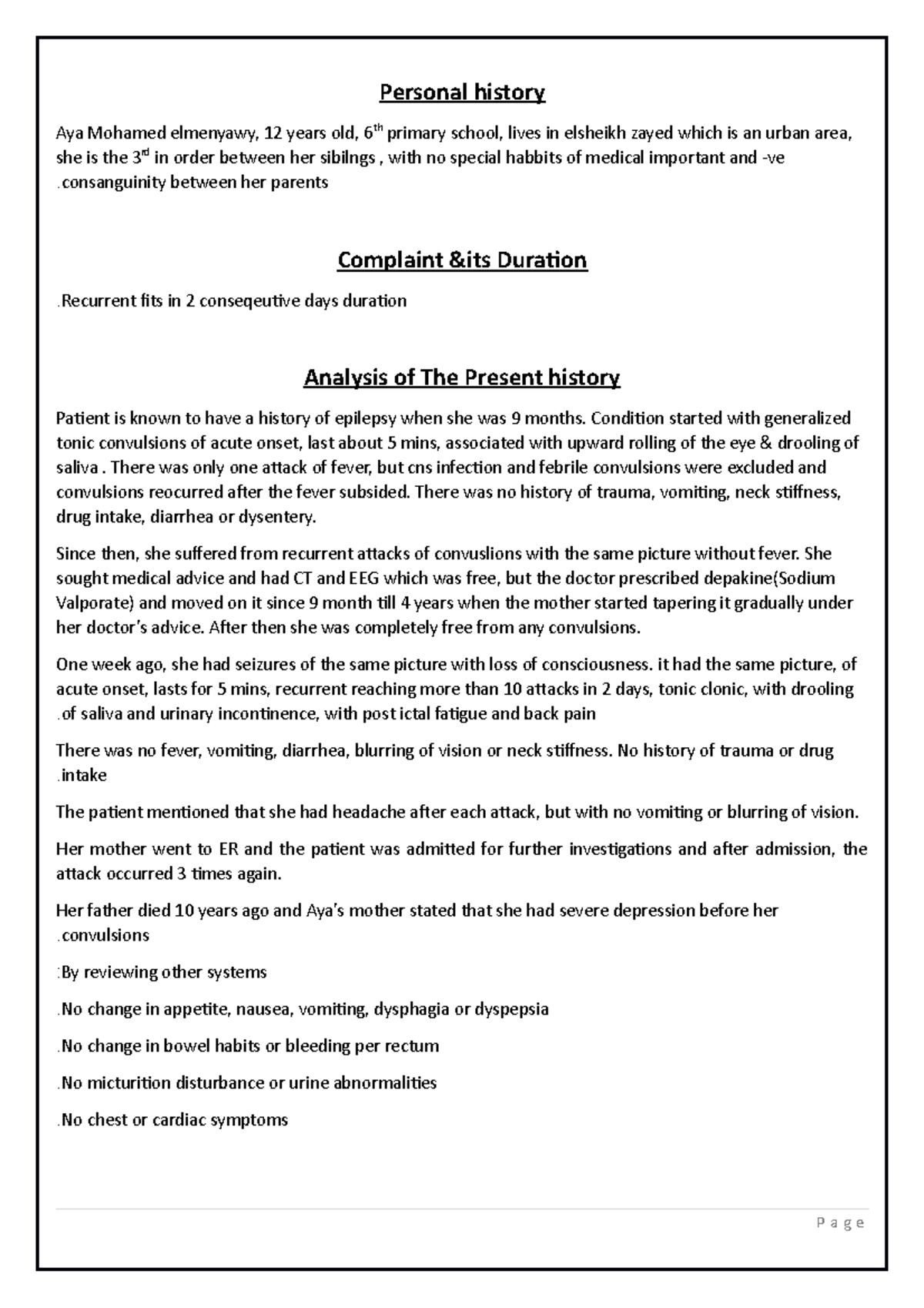 Pediatric Long Case study, convulsions - Personal history Aya Mohamed ...