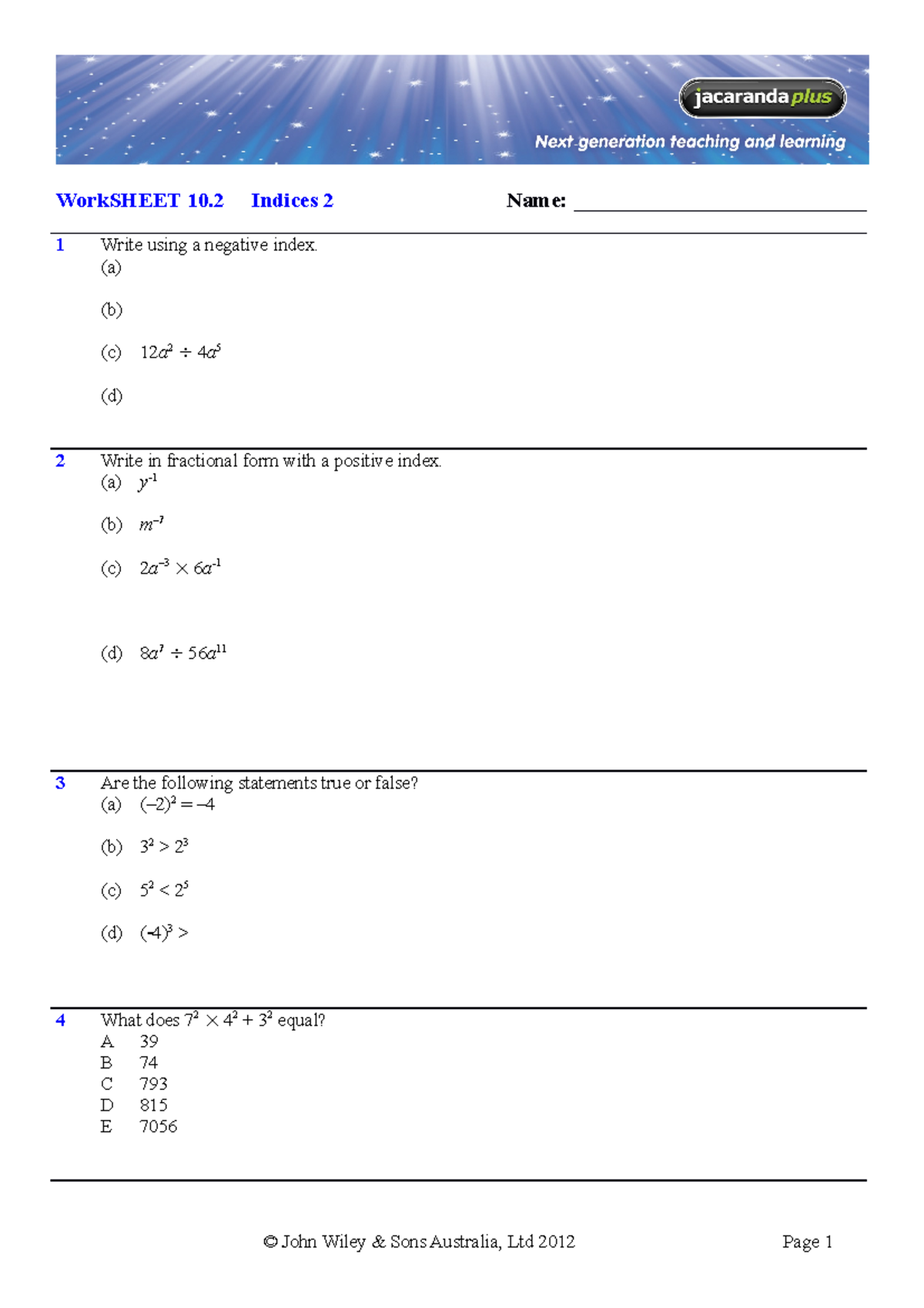Worksheet 2 Index Laws - nkj - WorkSHEET 10 Indices 2 Name ...