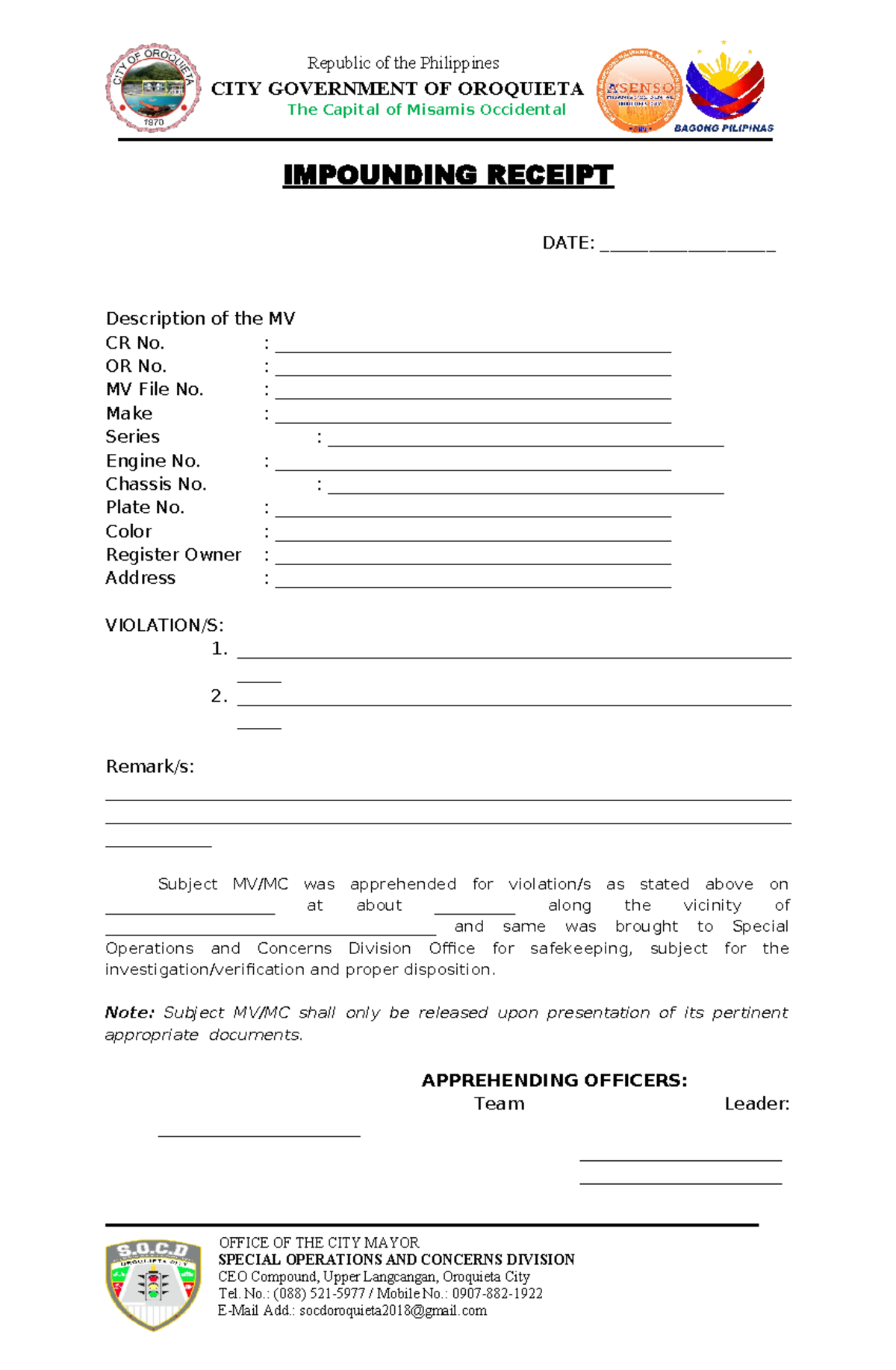 Impounding- Receipt - Republic of the Philippines CITY GOVERNMENT OF ...