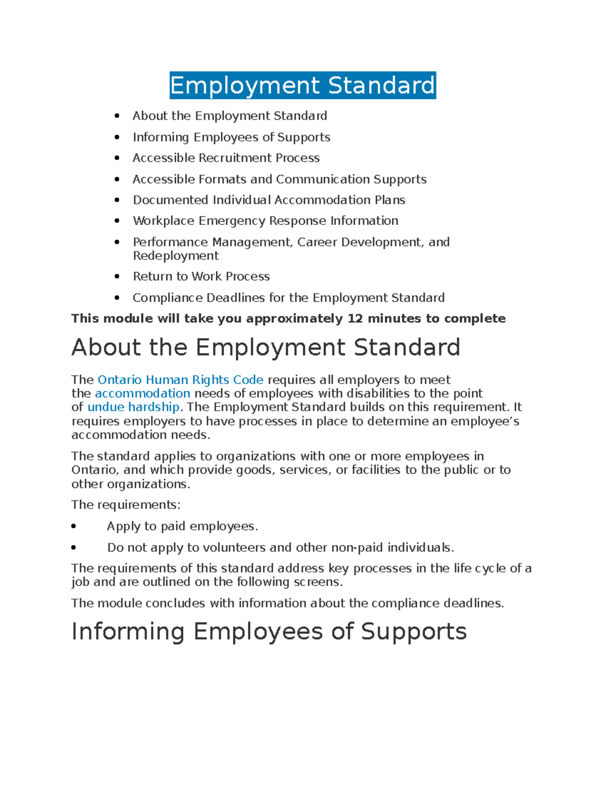 Employment Standard - AODA - Employment Standard About the Employment ...