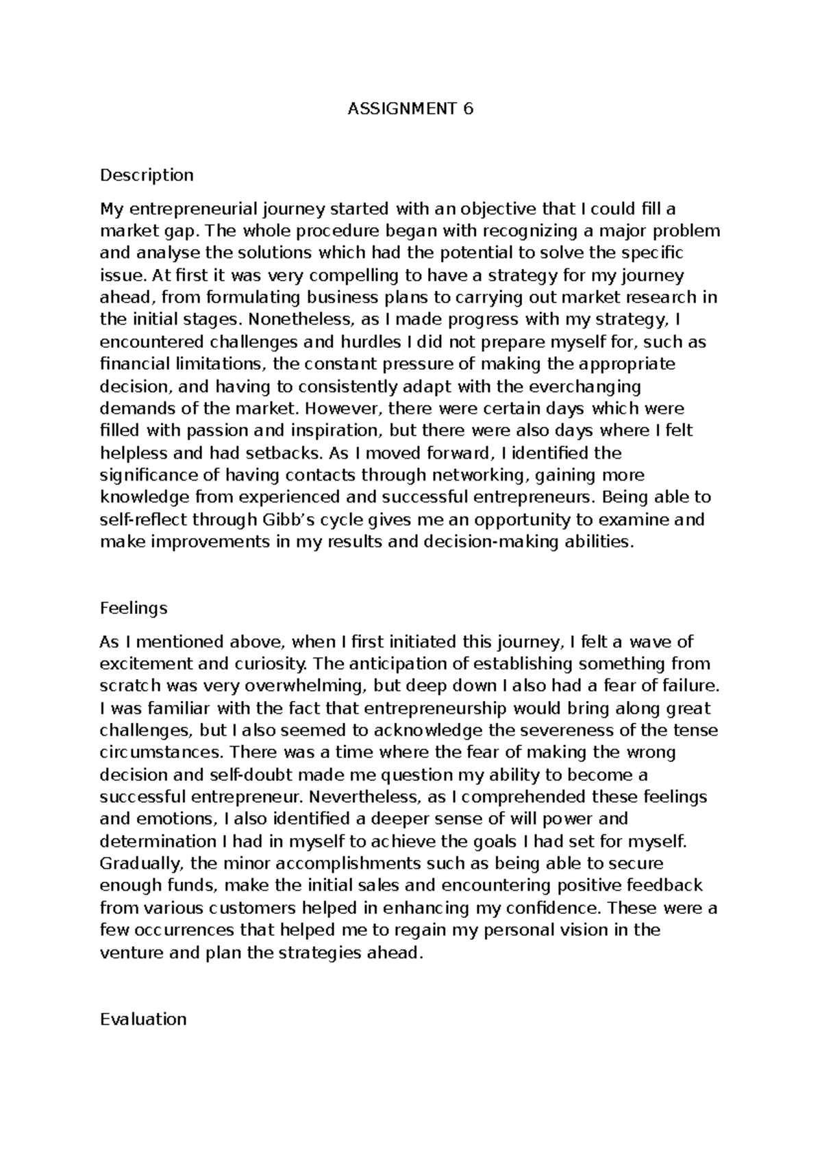 Assignment 6 Self Reflection - ASSIGNMENT 6 Description My ...