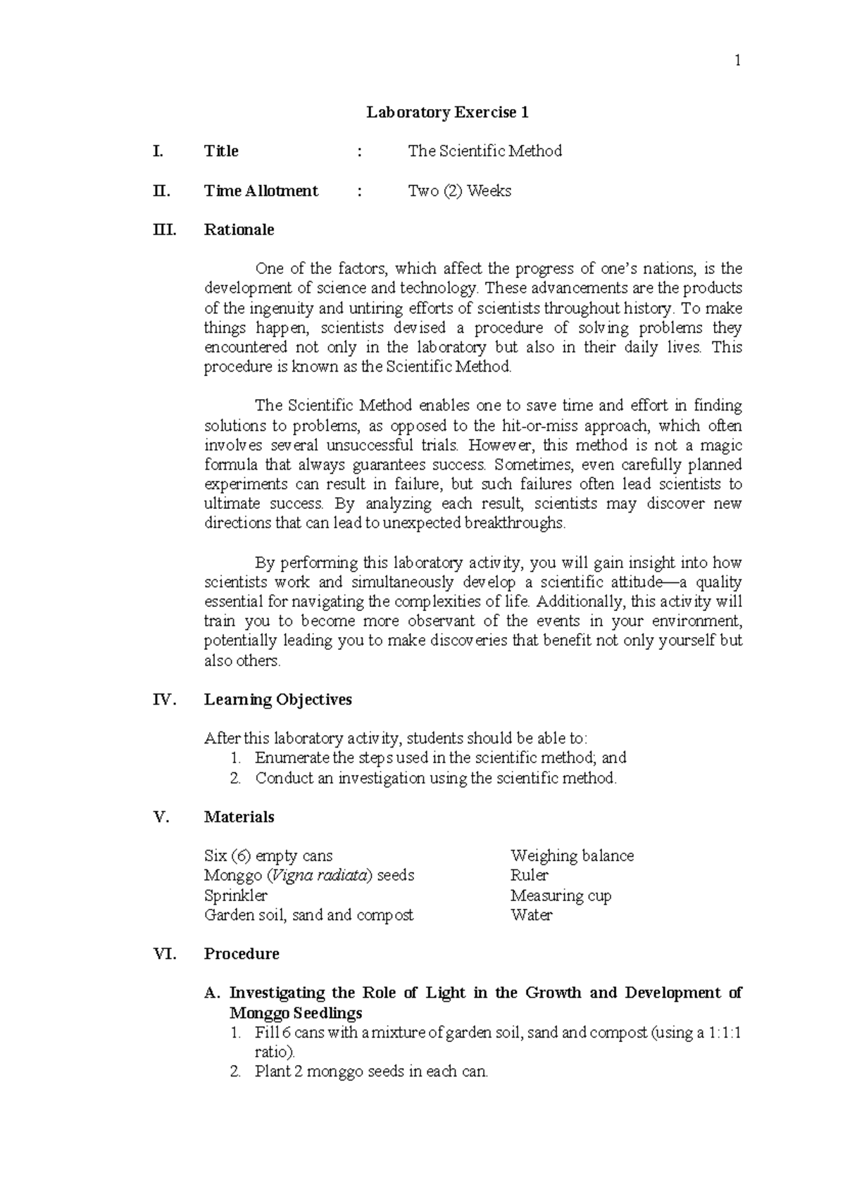 BS1 Lab Ex 1. The Scientific Method - Laboratory Exercise 1 I. Title : The Scientific Method II ...