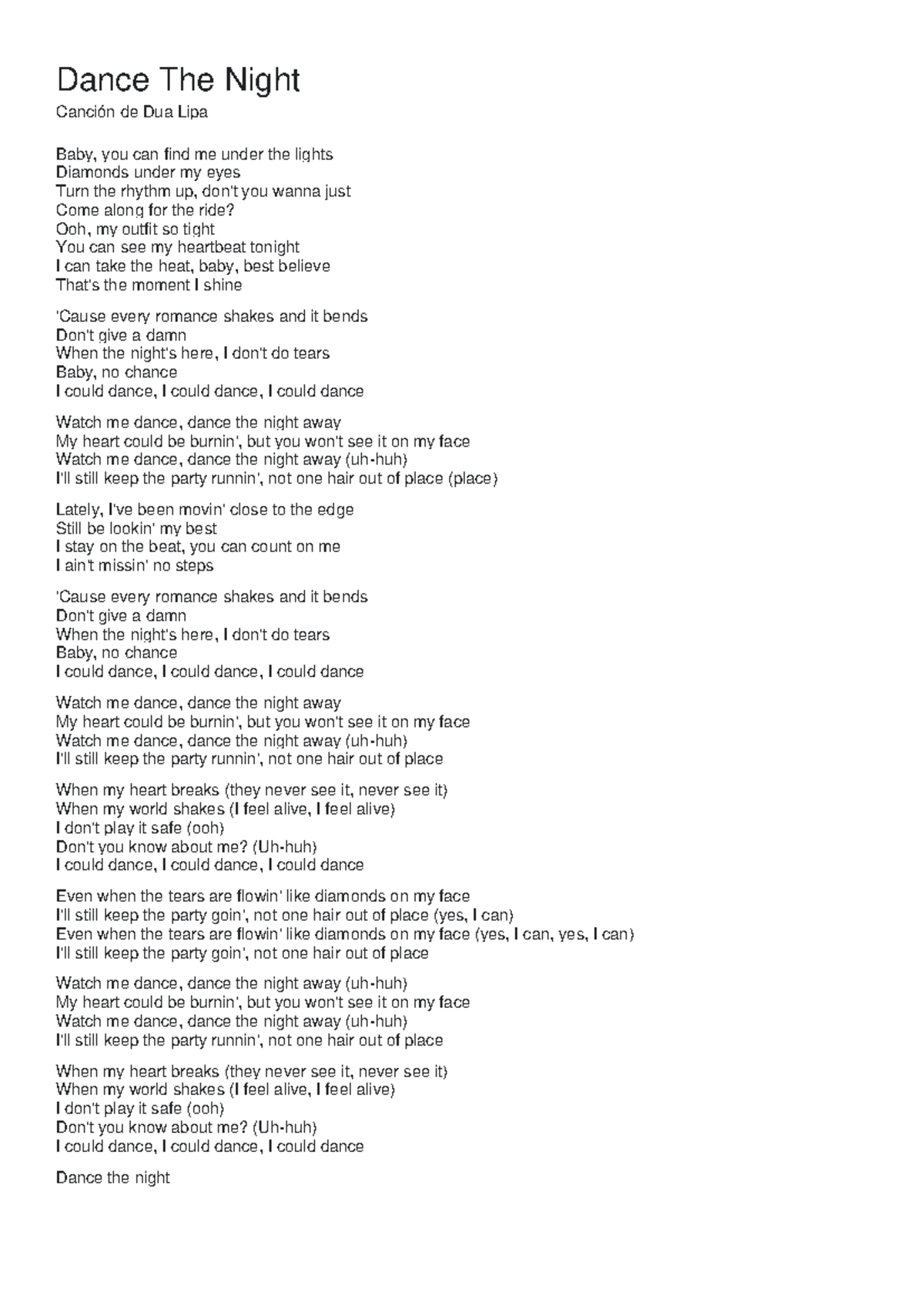 Dance The Night - Dance The Night Canción de Dua Lipa Baby, you can ...