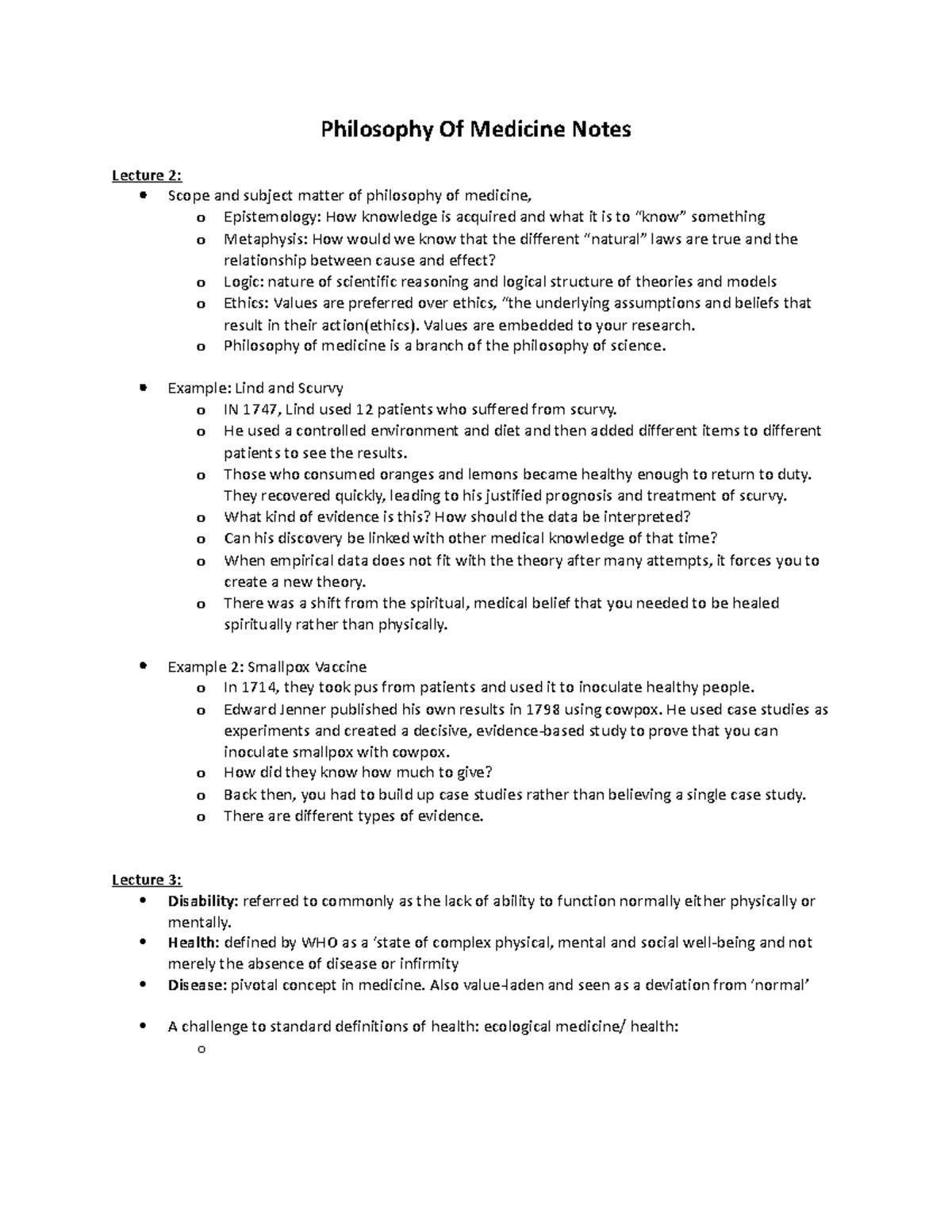 Philosophy Of Medicine Notes - Philosophy Of Medicine Notes Lecture 2 ...
