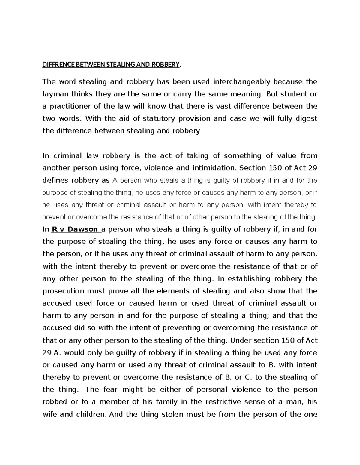 Robbery Criminal law assignment - DIFFRENCE BETWEEN STEALING AND ...