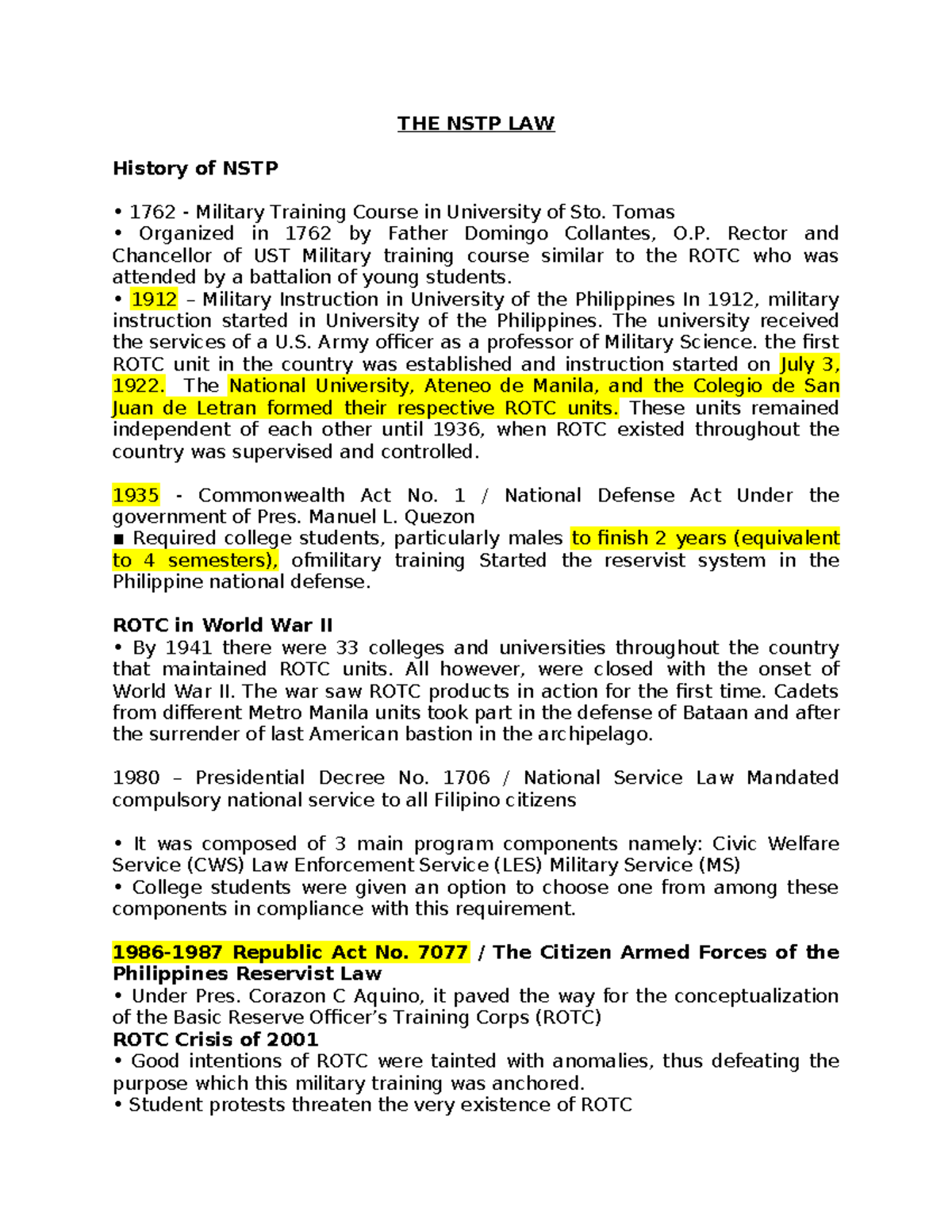 NSTP- Notes- Prelim - NSTP - THE NSTP LAW History of NSTP 1762 ...