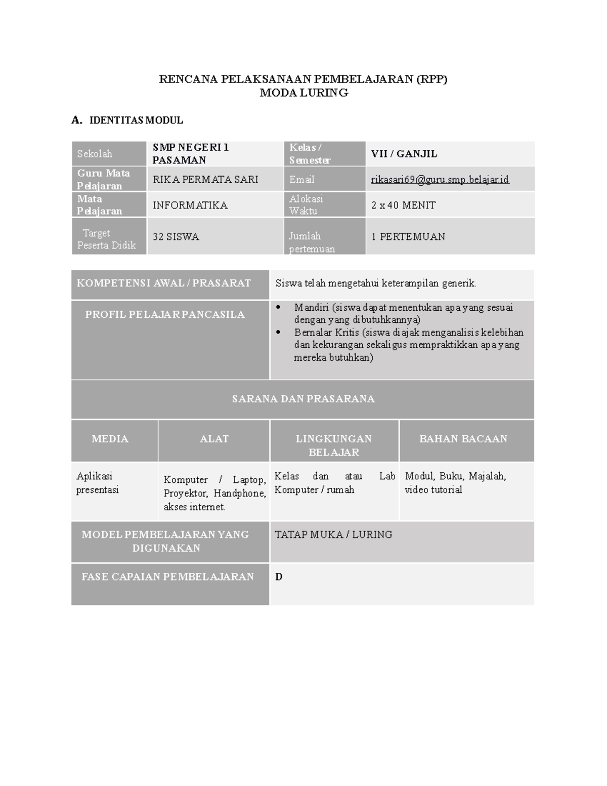 RPP Berdiferensiasi BK - RENCANA PELAKSANAAN PEMBELAJARAN (RPP) MODA ...