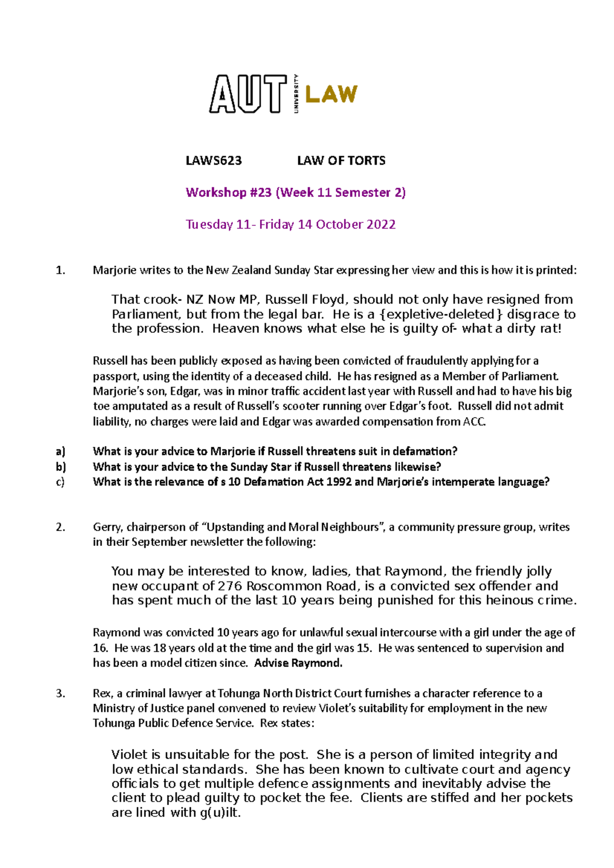 23 Torts 2022 - Workshop Semester 2 task - LAWS623 LAW OF TORTS Workshop #23 (Week 11 Semester 2 ...