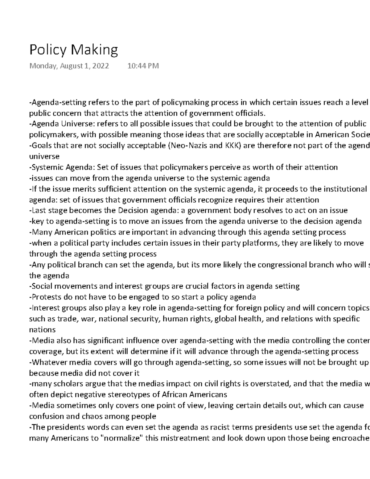 Policy Making -Agenda-setting refers to the part of policymaking ...