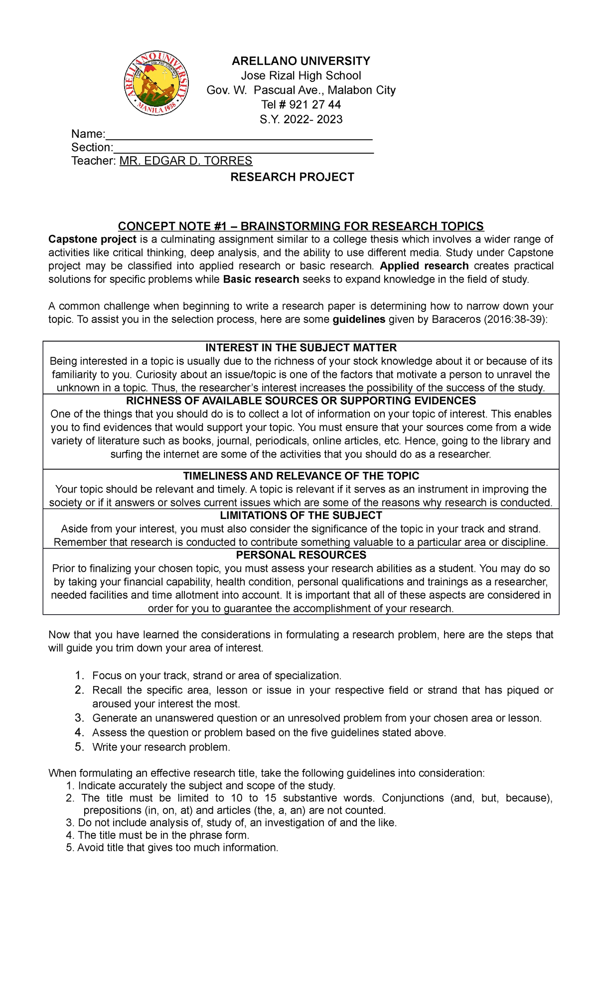 Concept NOTE #1 - Brainstorming FOR Research Topics - ARELLANO ...