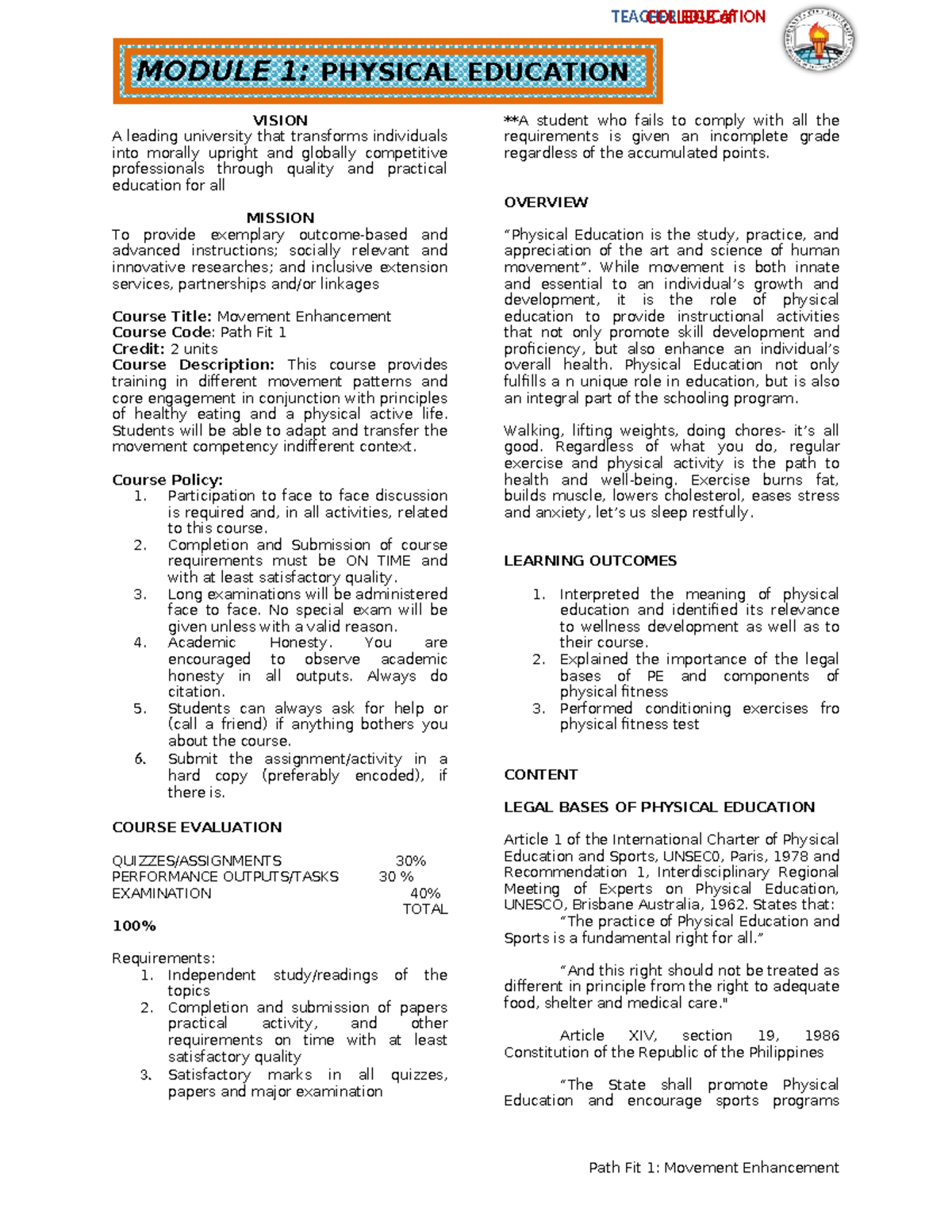 605727813 PATH FIT 1 Module 1 3 - VISION A leading university that ...