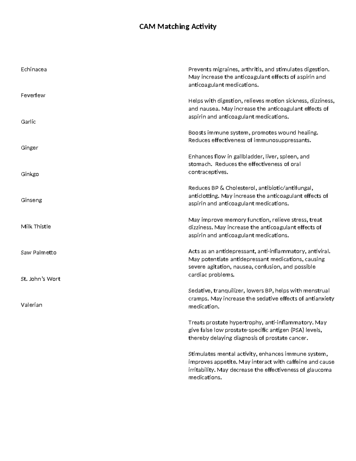CAM Matching Activity-#1-Student - CAM Matching Activity Echinacea ...