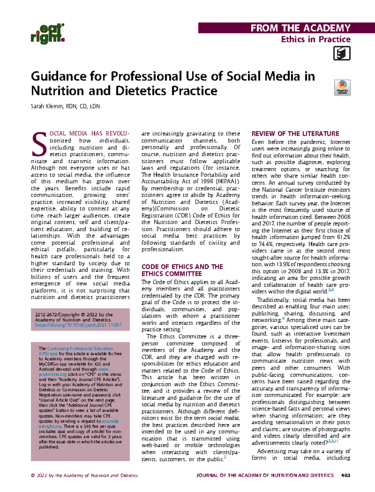 Guidance for Professional Use of Social Media in Nutrition and ...