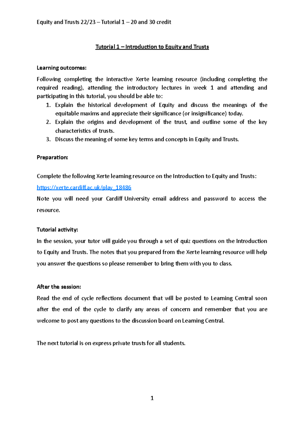 Tutorial 1 - worksheet - Equity and Trusts 22/23 – Tutorial 1 – 20 and ...
