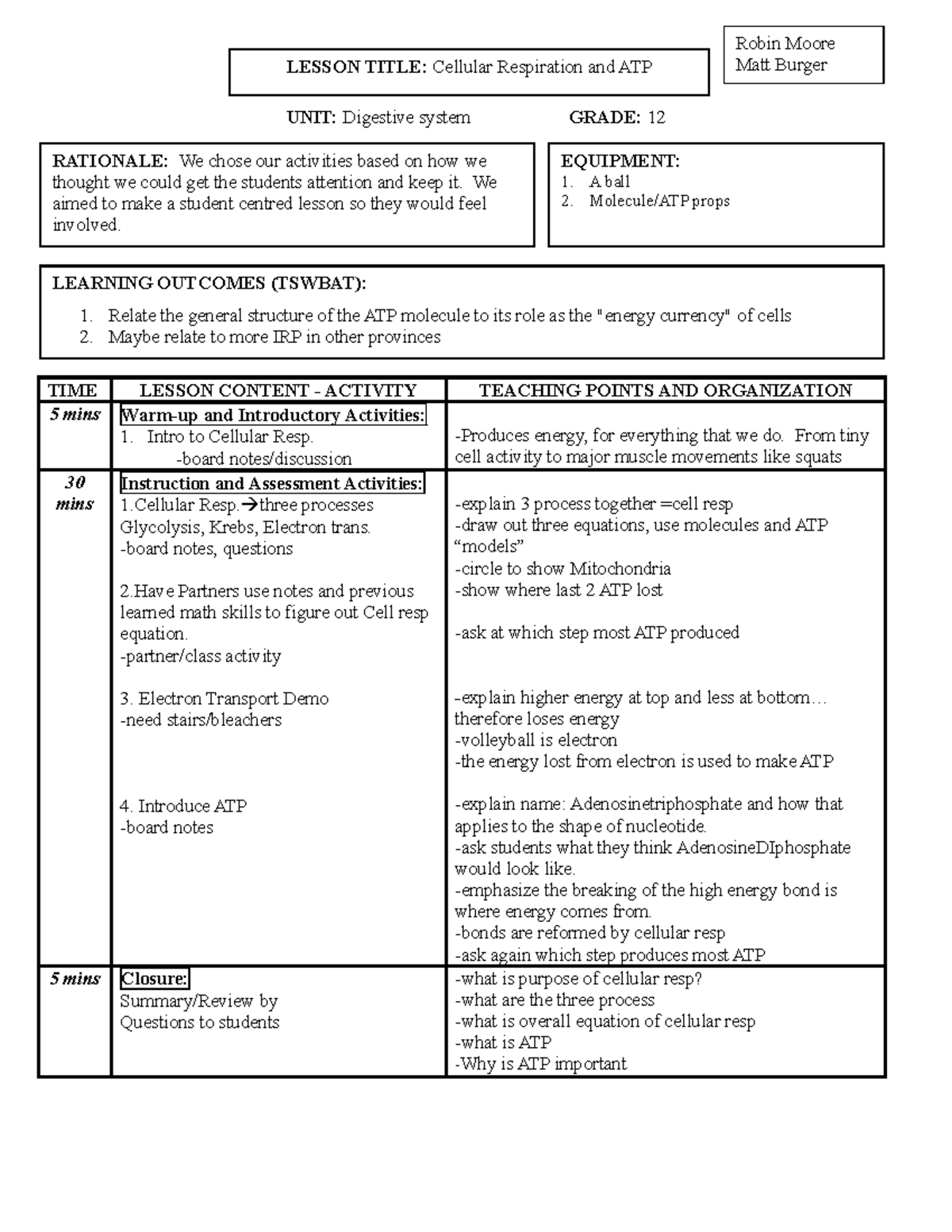 Cell resp lesson plan - UNIT: Digestive system GRADE: 12 TIME LESSON ...