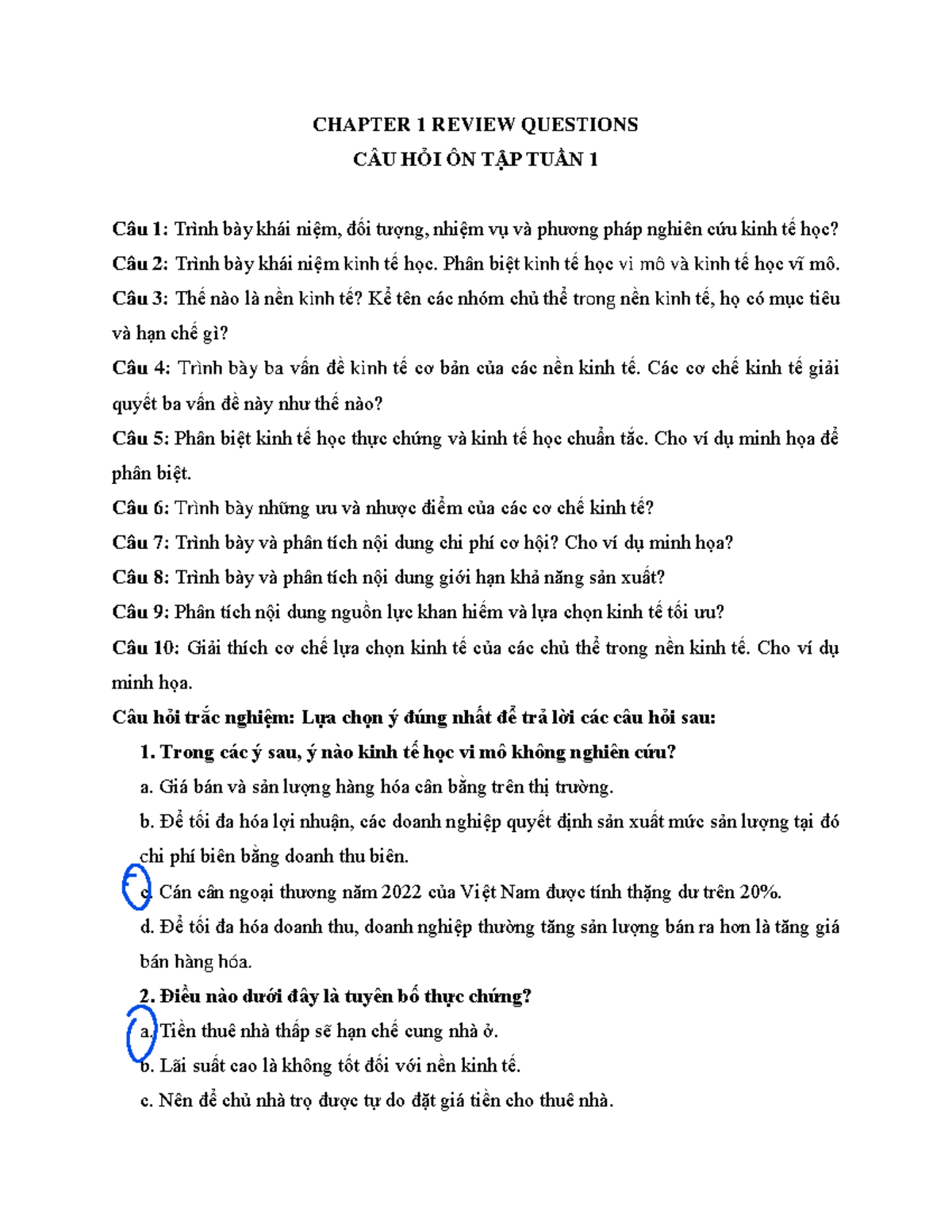 Micro Economics Chapter 1 Review Questions - CHAPTER 1 REVIEW QUESTIONS CÂU HỎI ÔN TẬP TUẦN 1 ...