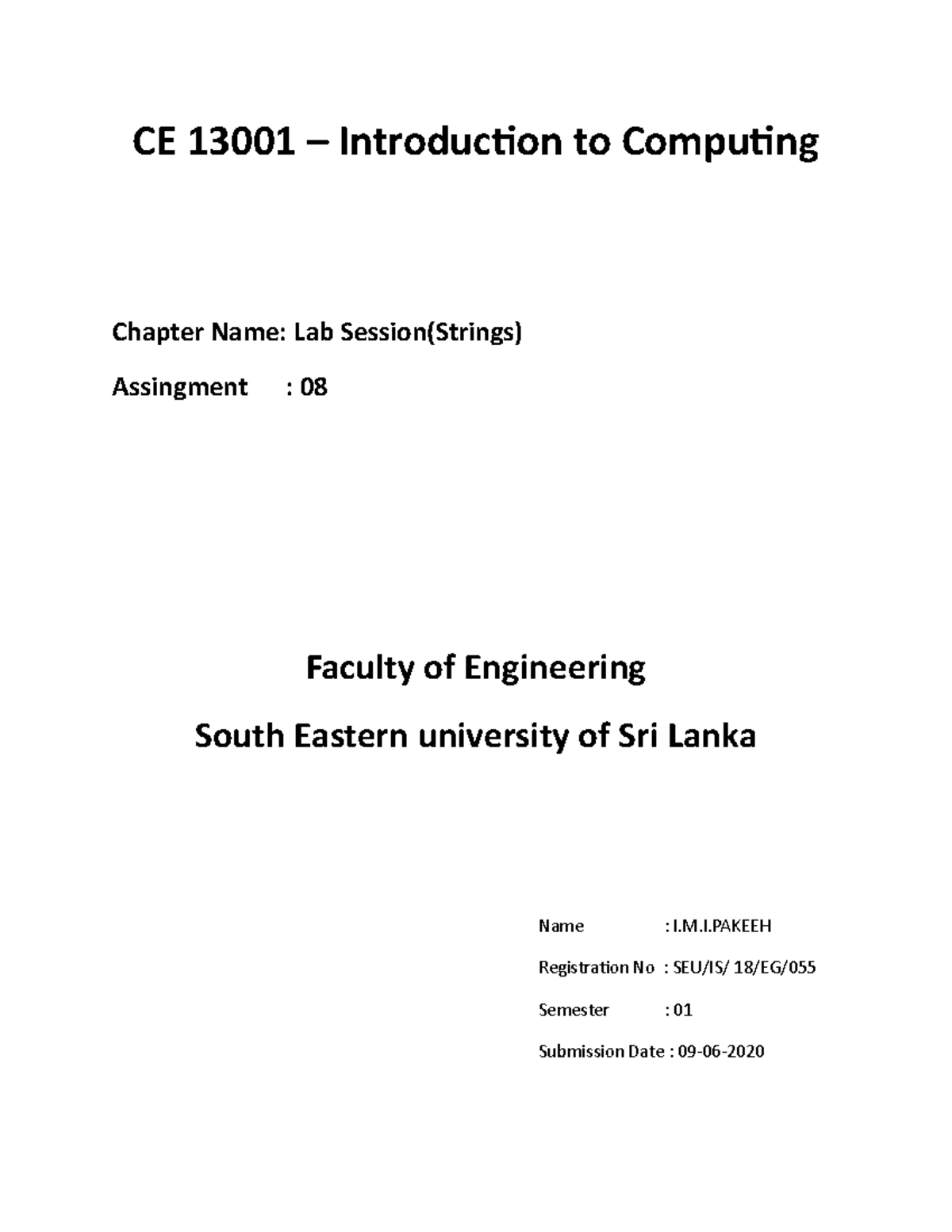 String 08 - CE 13001 – Introduction to Computing Chapter Name: Lab ...