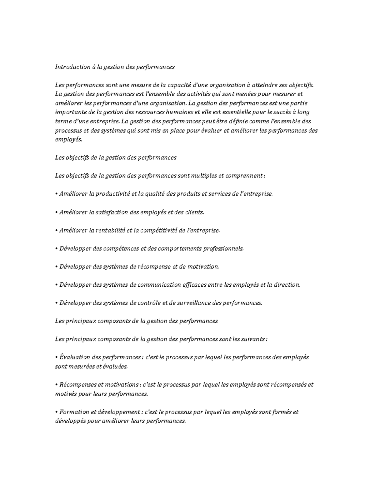 Performance Management note study - Introduction à la gestion des ...
